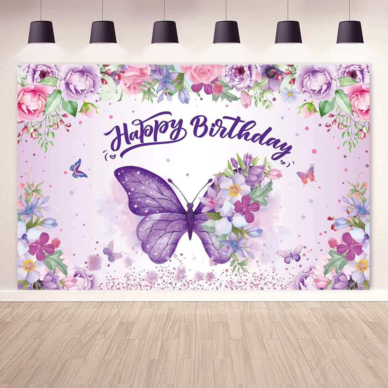 Butterfly Happy Birthday Backdrop, Purple Butterfly Decorations Banner ...