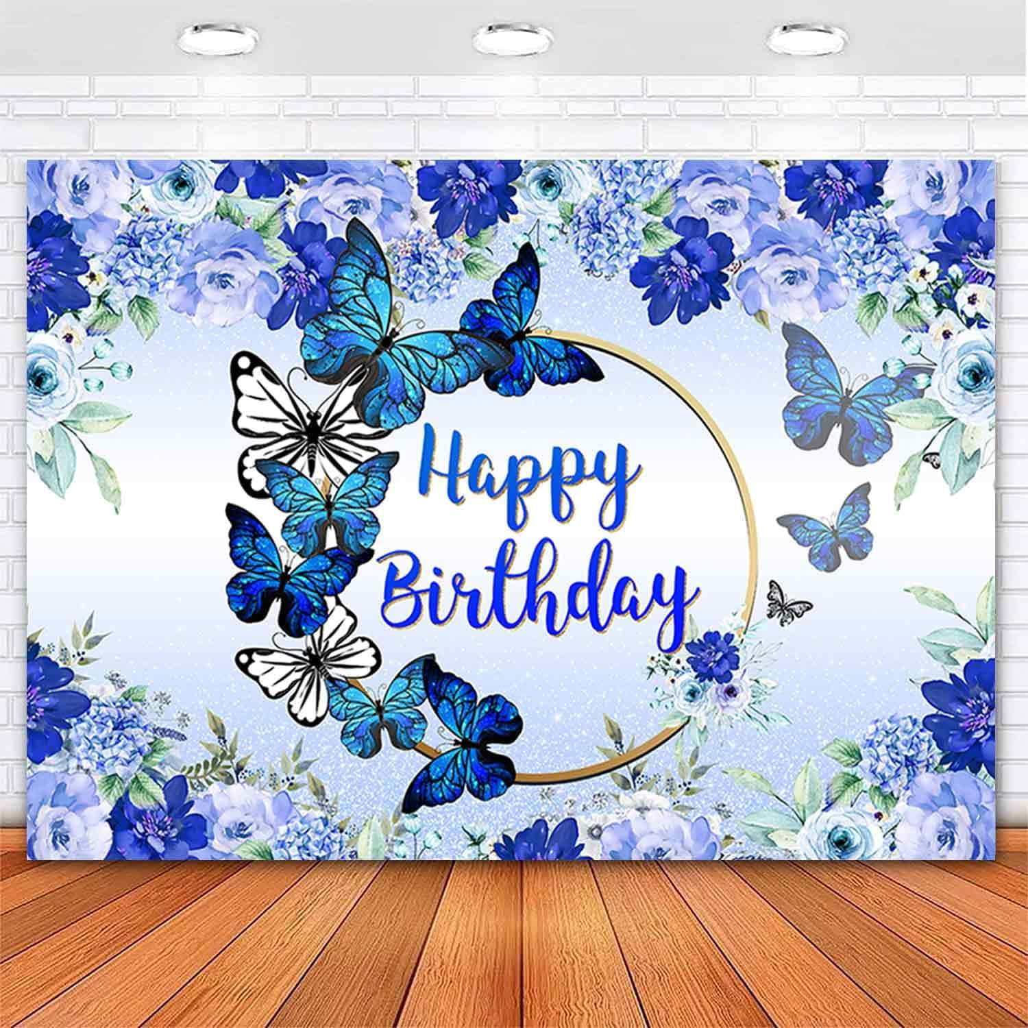 Butterfly Happy Birthday Backdrop Royal Blue Floral Birthday ...