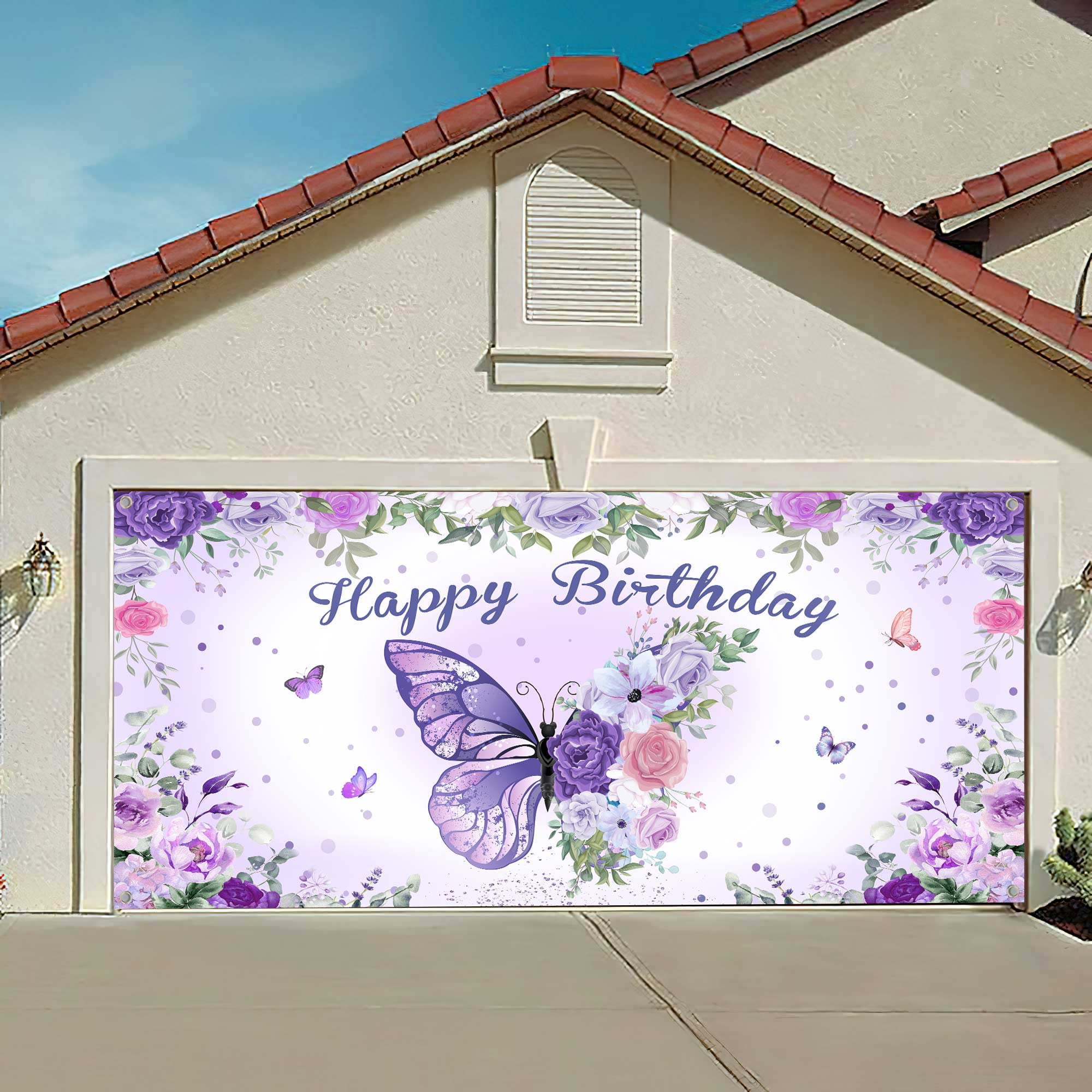Butterfly Happy Birthday Garage Door Decorations Background Purple ...