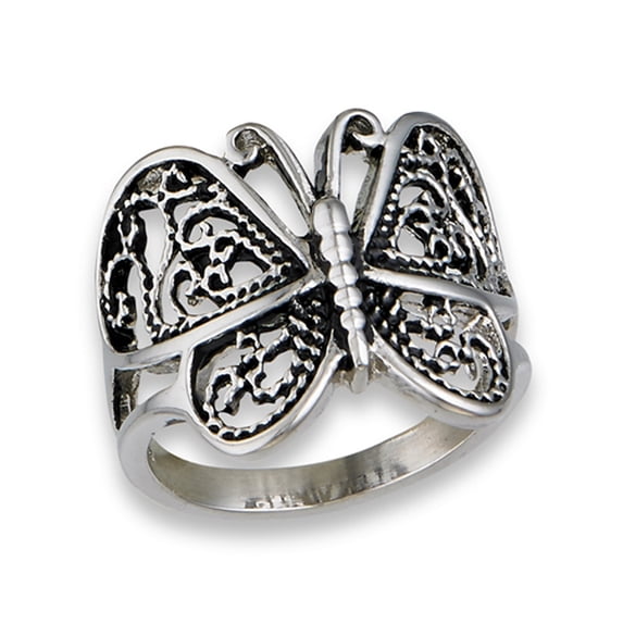 Butterfly Heart Filigree Wings Ring Stainless Steel Animal Band Gray ...