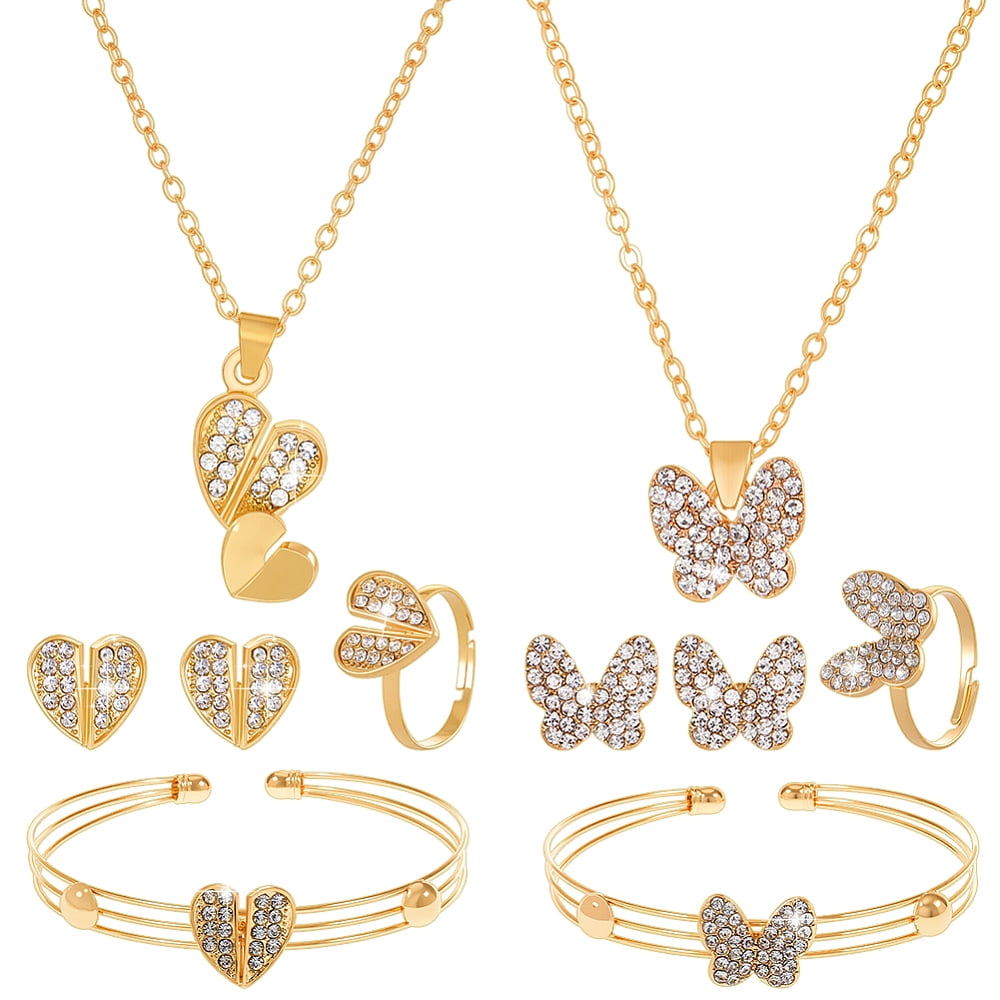 Butterfly Heart Rhinestone Jewelry Set 2Pcs Alloy Pendant Necklace & 2 ...