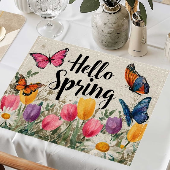 Butterfly Hello Spring Pink White Placemats Set of 4, 32x42cm Linen ...