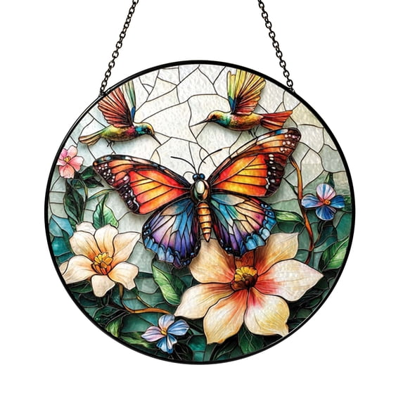 Butterfly Hummingbird Floral Stained Glass Suncatcher Window Hanging ...
