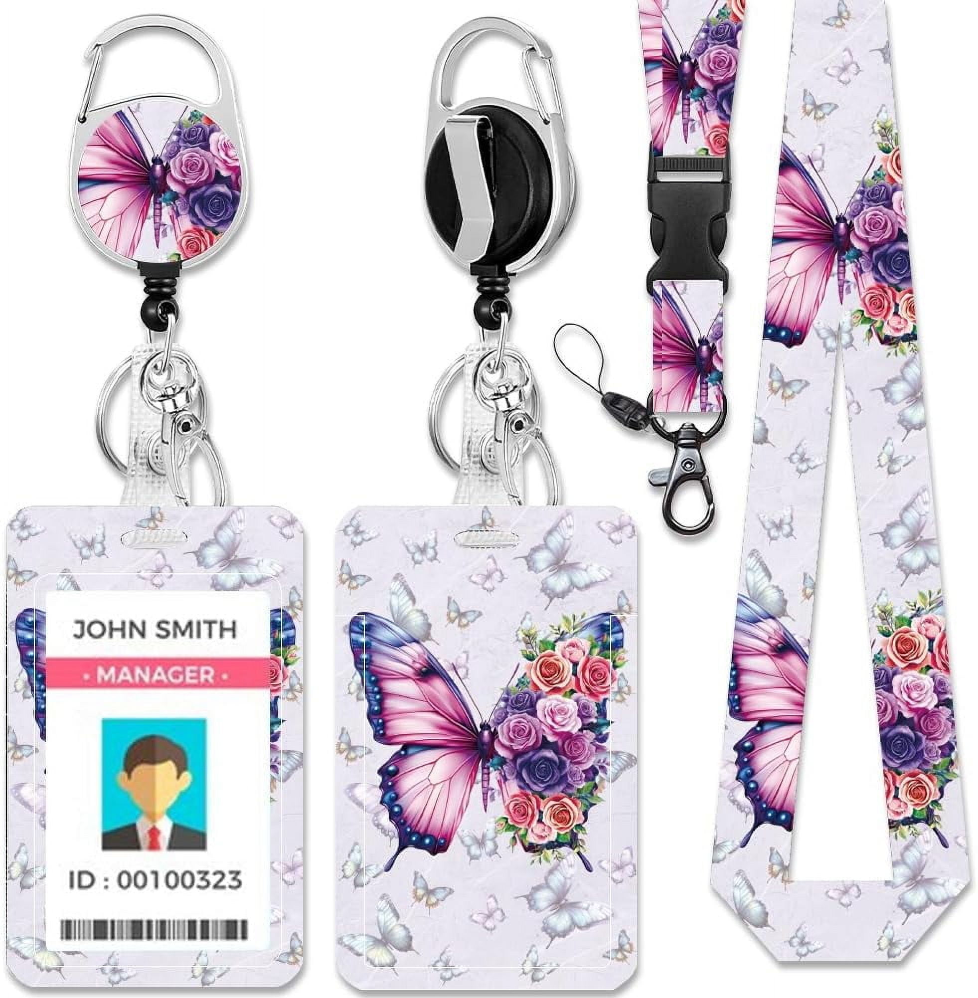 Butterfly ID Badge Holder with Lanyard Flowers Rose Rectangle Plastic ...