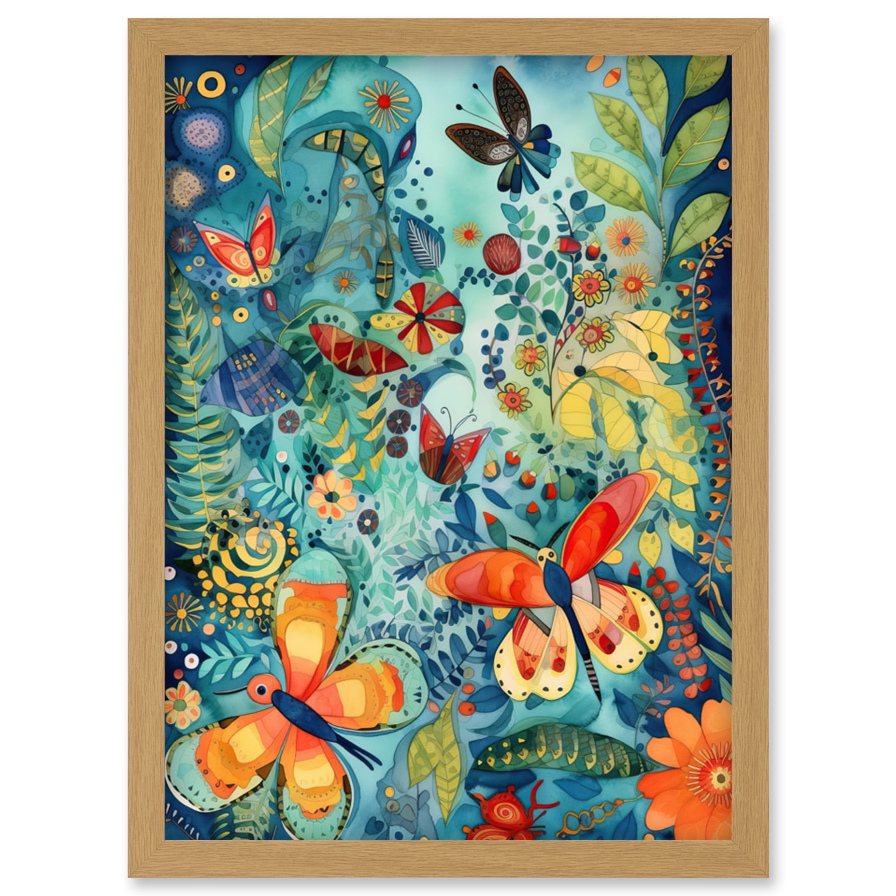 Butterfly Insects in Flower Field Modern Folk Art Artwork Framed Wall ...