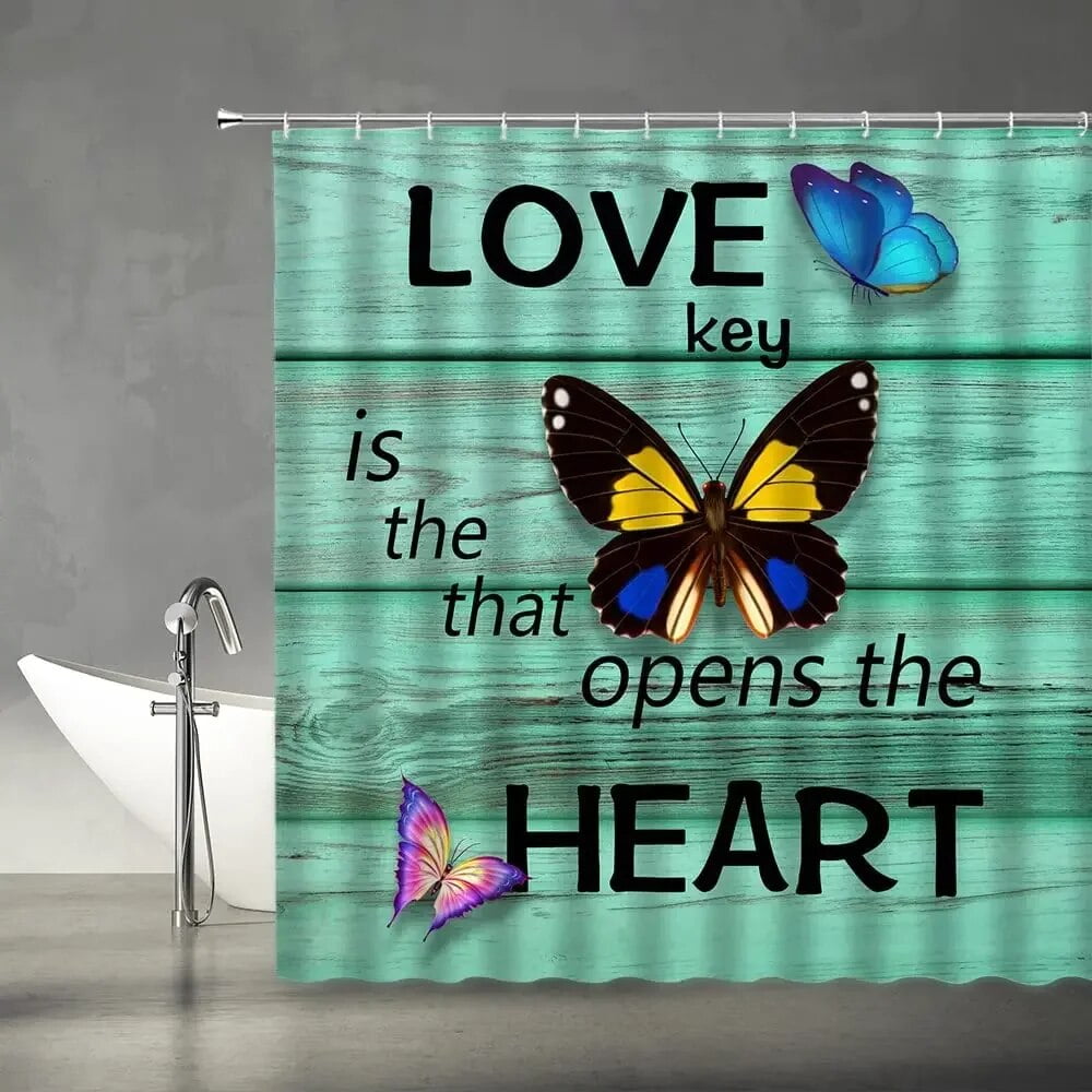 Butterfly Inspirational Quote Shower Curtain Rustic Wooden Door