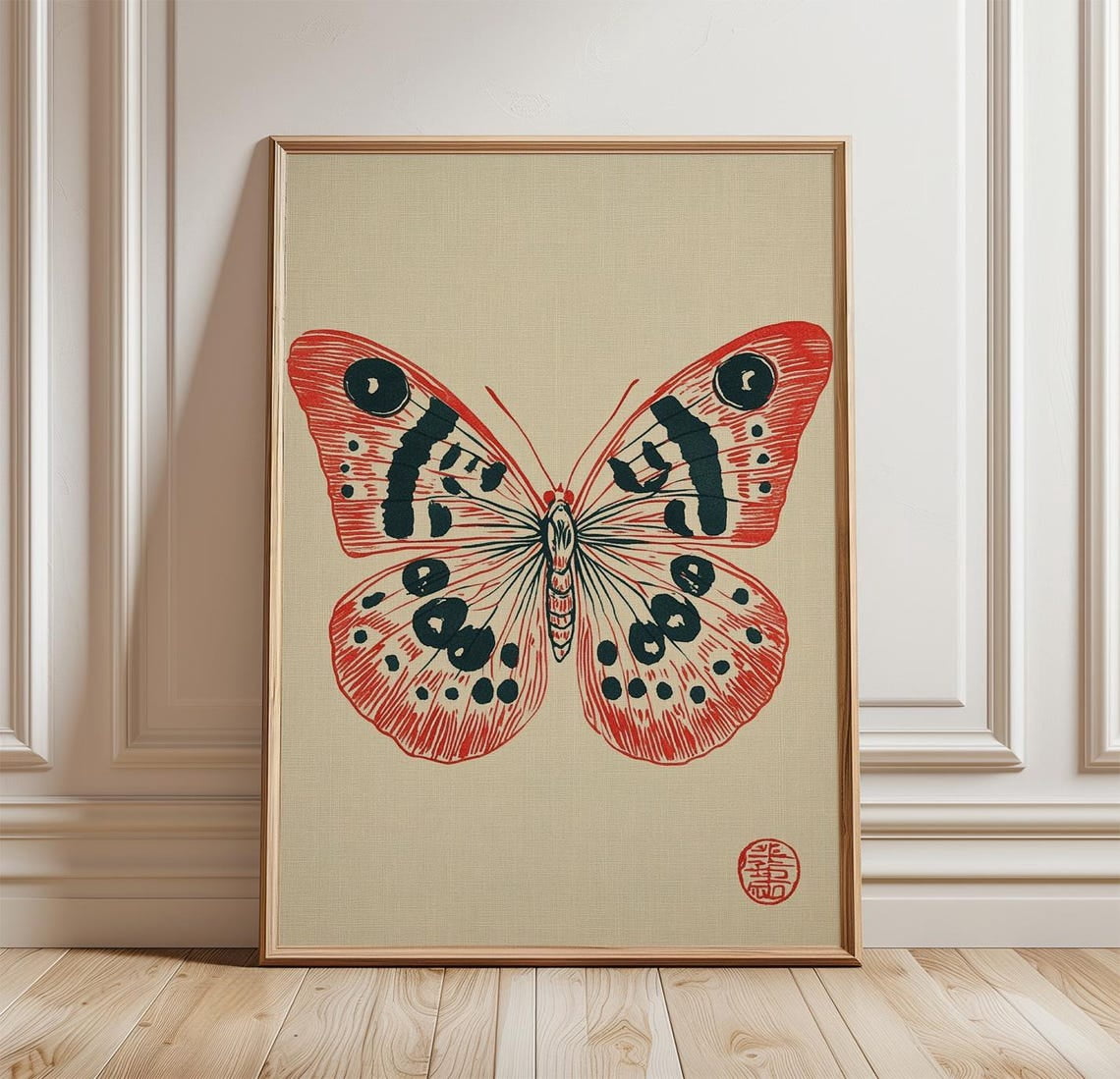 Butterfly Japanese Style Insect Wall Art Red Wing Minimal Nature Decor ...