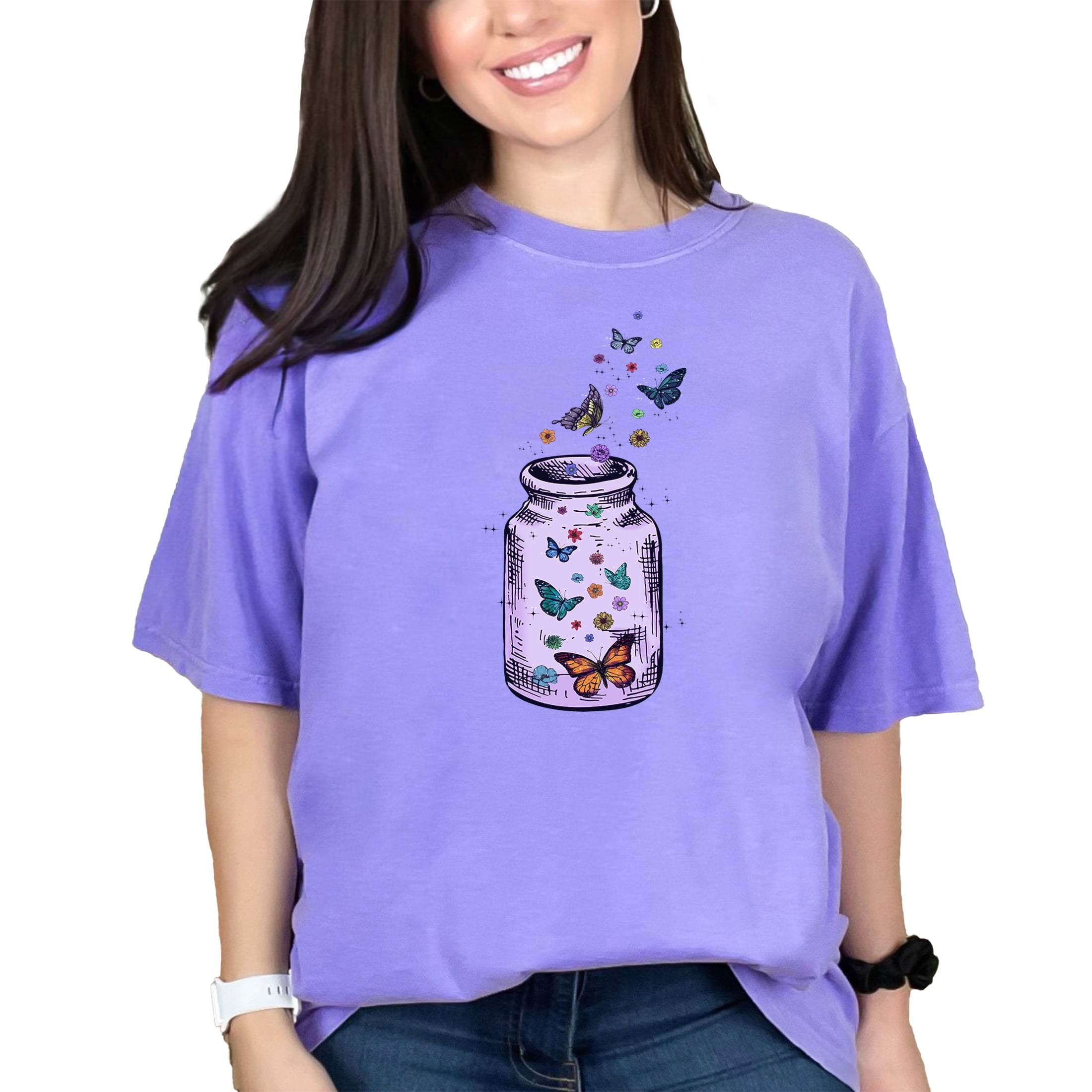 Butterfly Jar T-Shirt, Colorful Butterfly Graphic Tee, Cute Floral ...