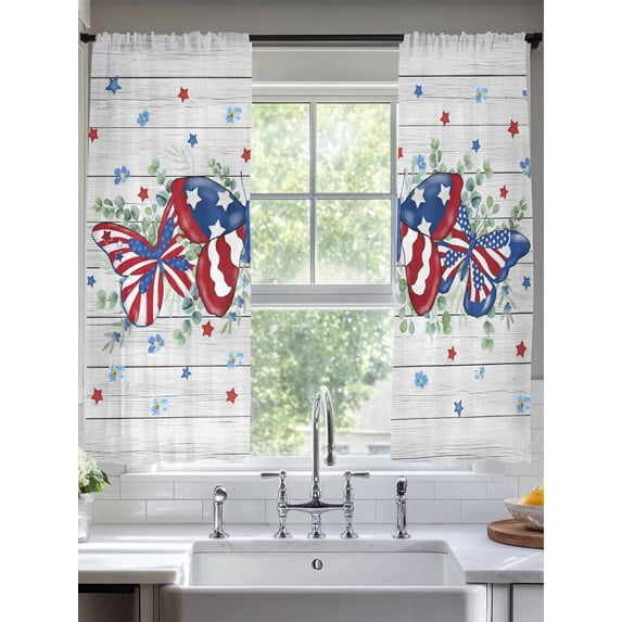 Butterfly July 4th Stars Eucalyptus Leaves Chiffon Sheer Curtains 72 ...