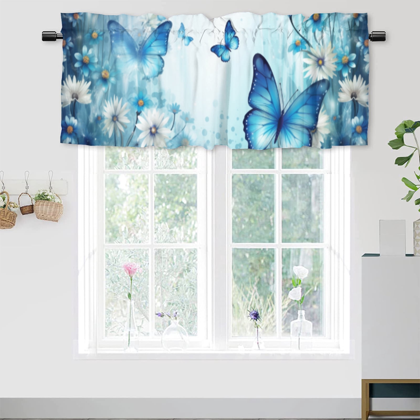 Butterfly Kitchen Valances Blue Butterfly Daisy Flower Print Valance ...