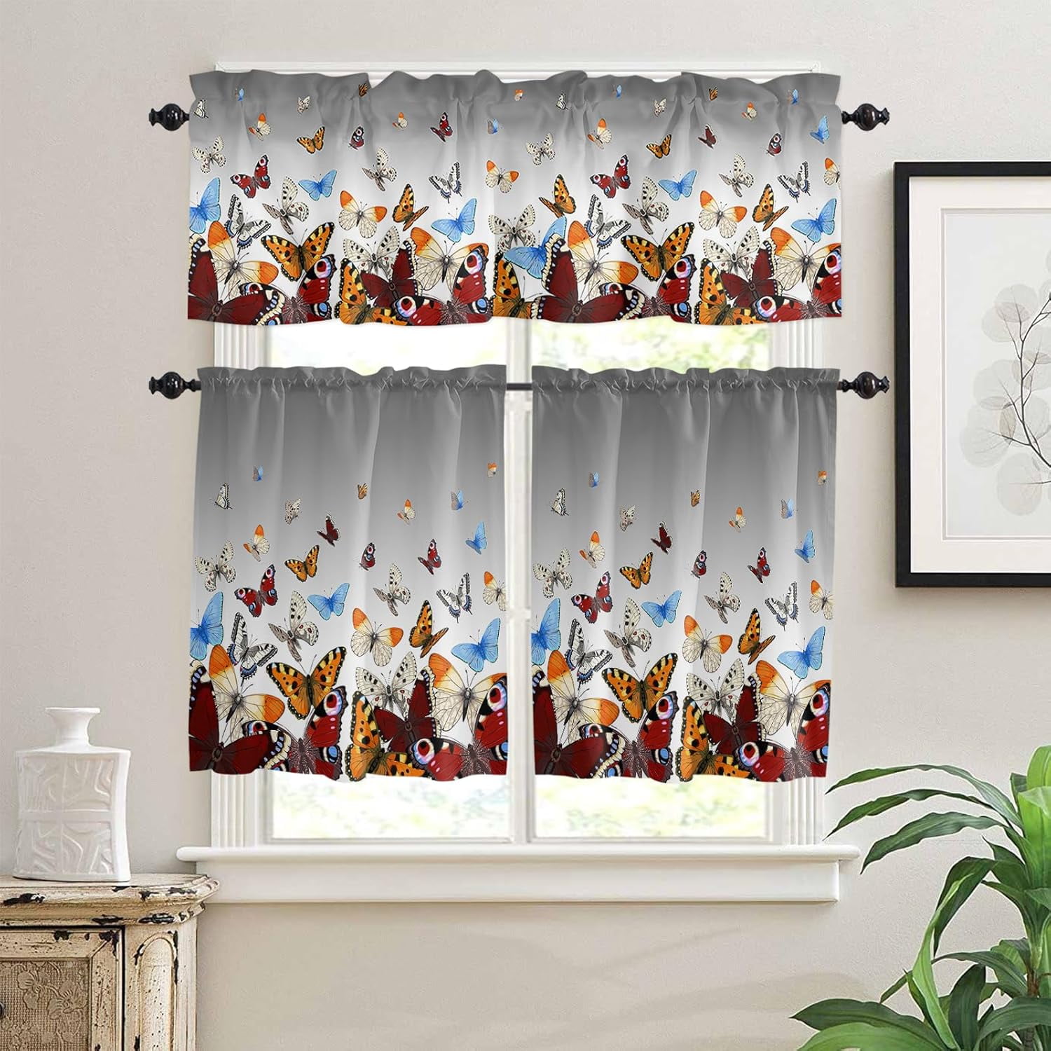 Butterfly Kitchen Window Curtain Set with Tiers and Valance, 3 Pieces ...