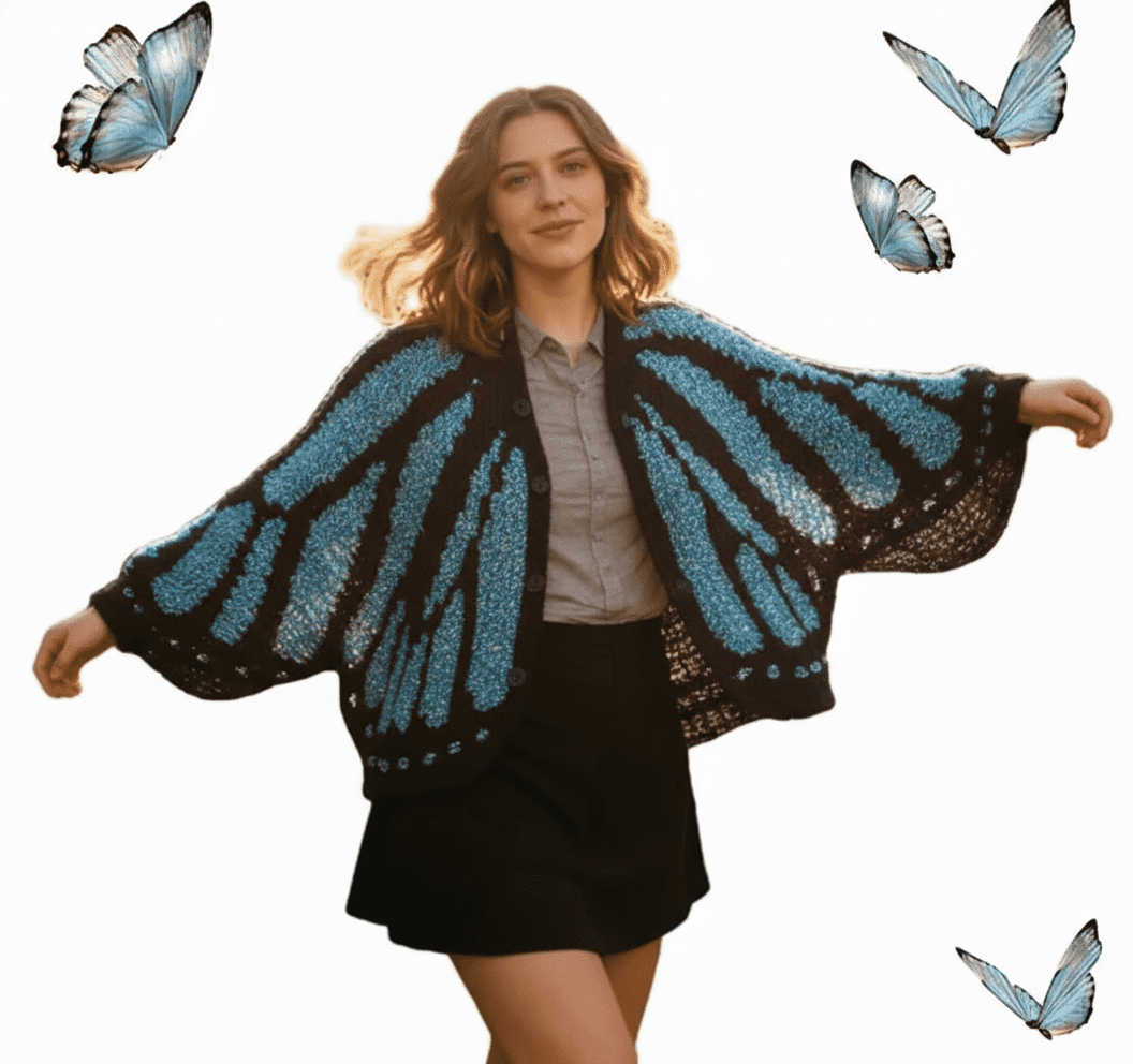 Butterfly Knit Cardigan - Open Front Crochet-Style Butterfly Wing ...