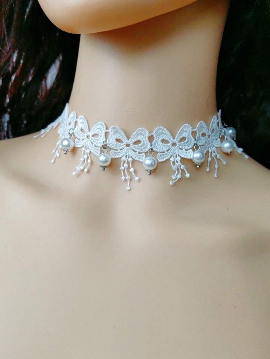 Butterfly Lace & Pearl Choker Necklace - Delicate Collar Style For ...