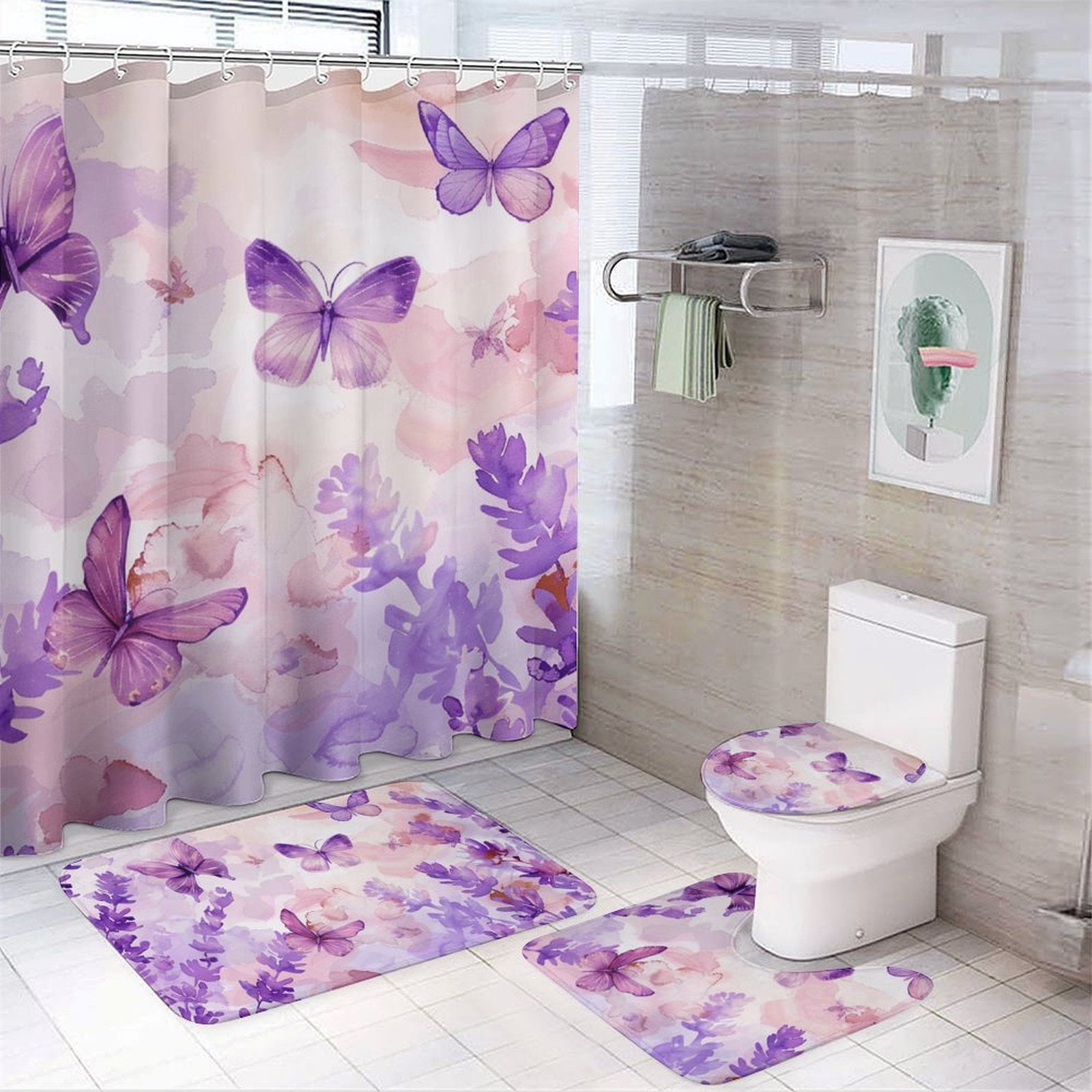Butterfly Lavender 4 Pcs Bathroom Shower Curtain Set, Bathroom Sets ...