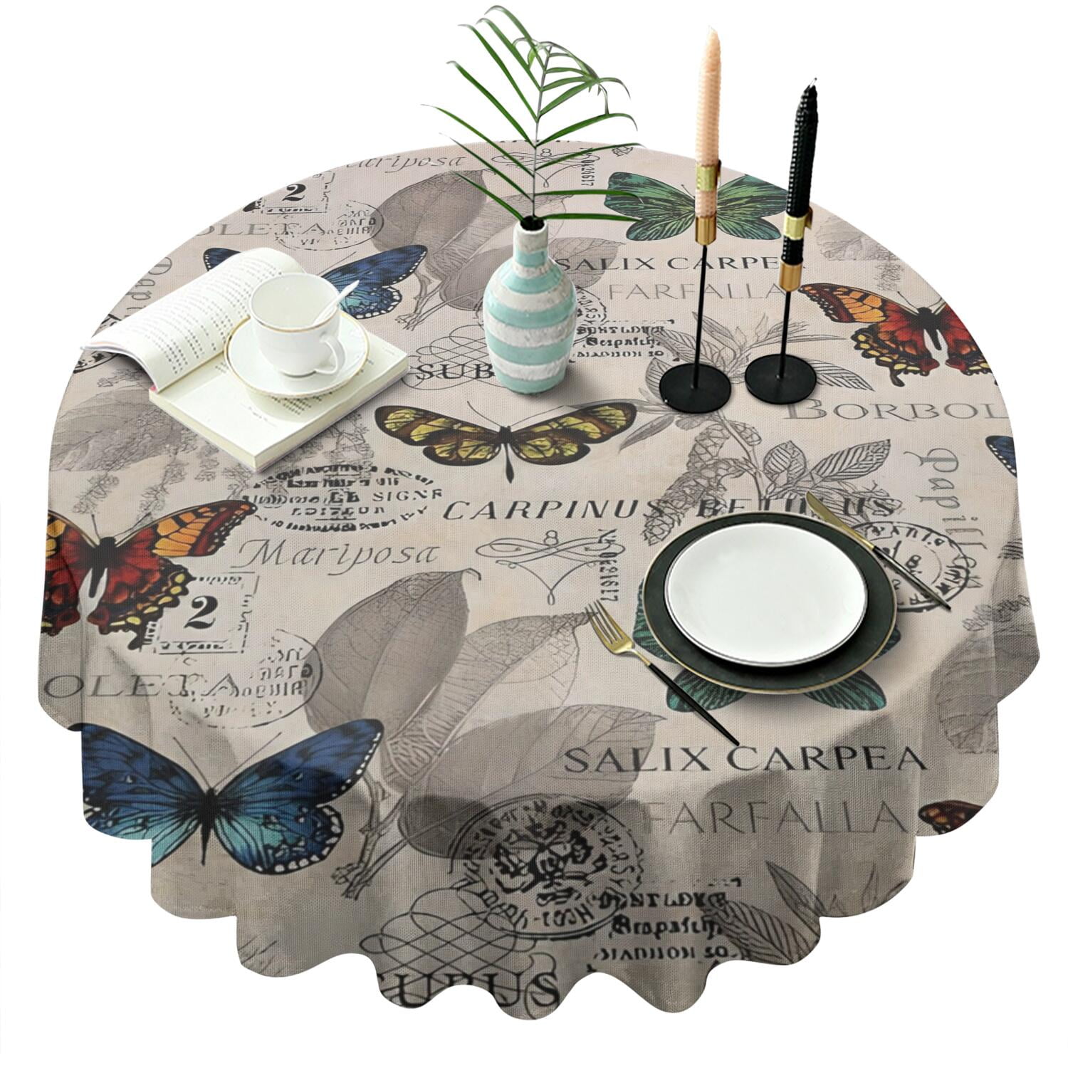 Butterfly Leaf Text Pattern Round Tablecloth 60"x60",Wrinkle Wipeable ...