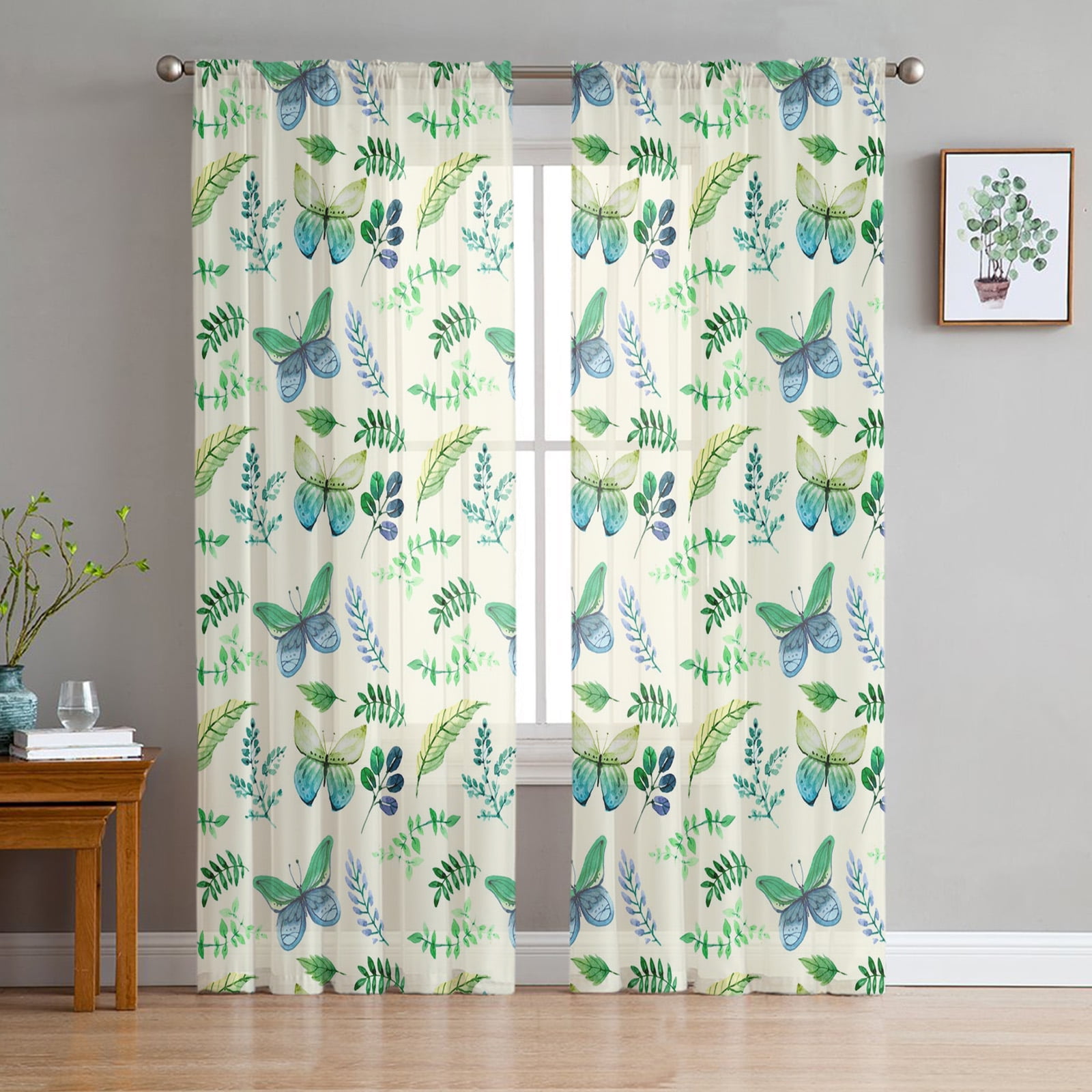 Butterfly Leaves Watercolor Green Chiffon Sheer Curtains for Living ...