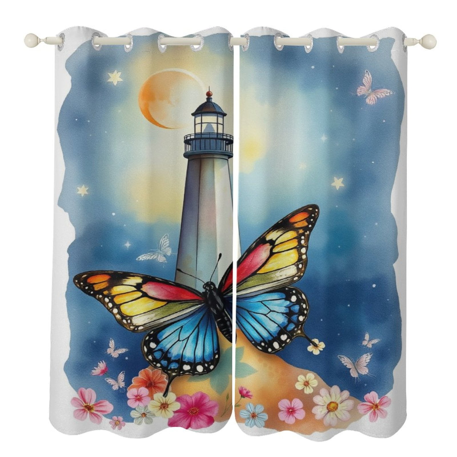 Butterfly Lighthouse Moon 2 Pieces Window Drape Curtain for Living Room ...