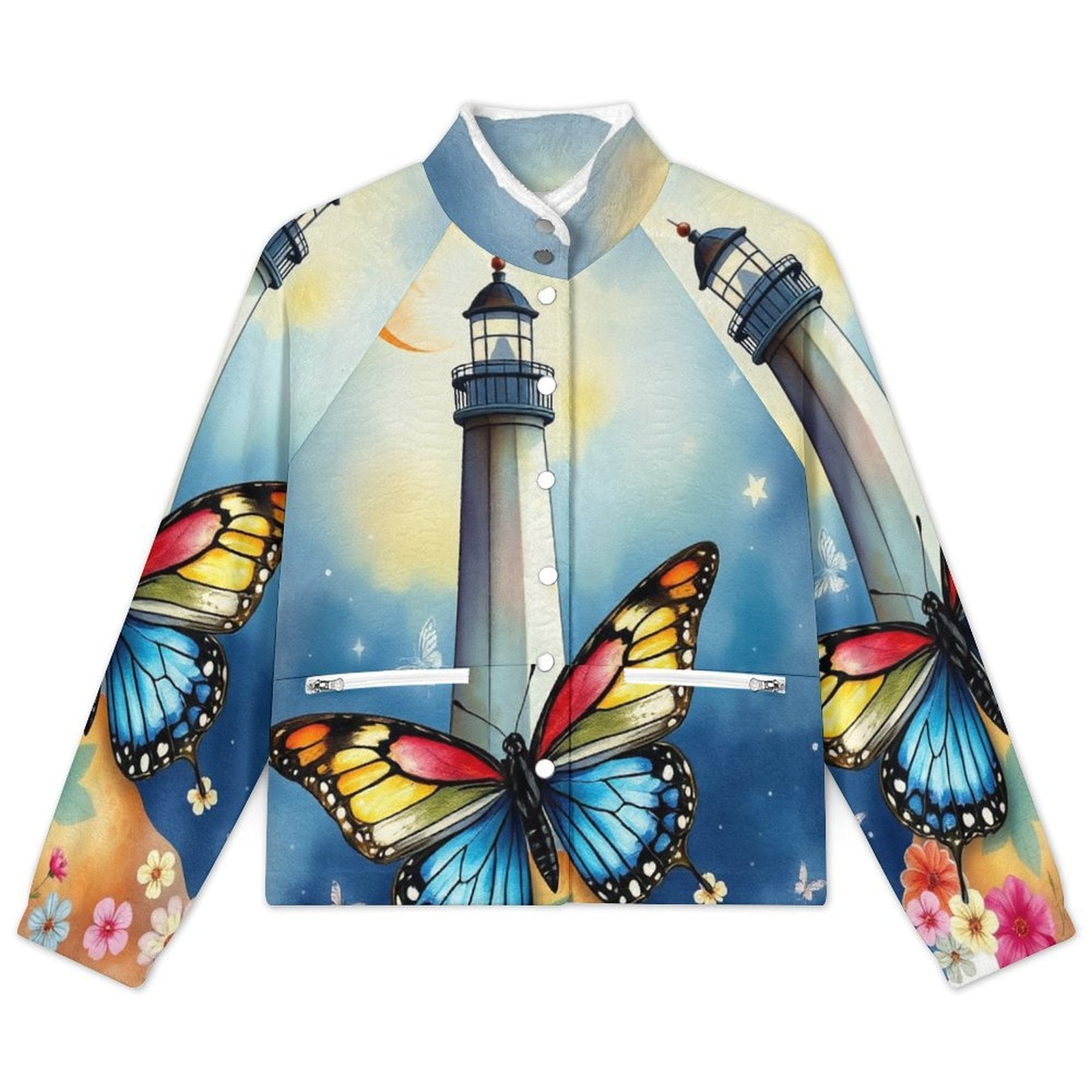 Butterfly Lighthouse Moon Fall Winter Women Jacket Stand Collar Thick ...