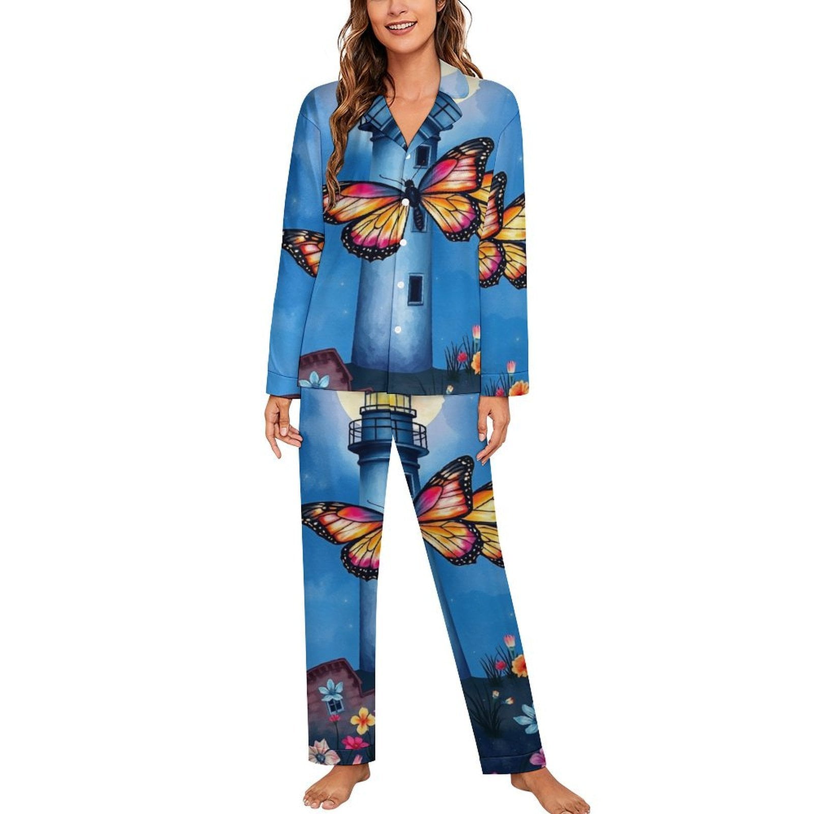 Butterfly Lighthouse Night Pajamas Long-Sleeve Two Piece Pajamas Set ...