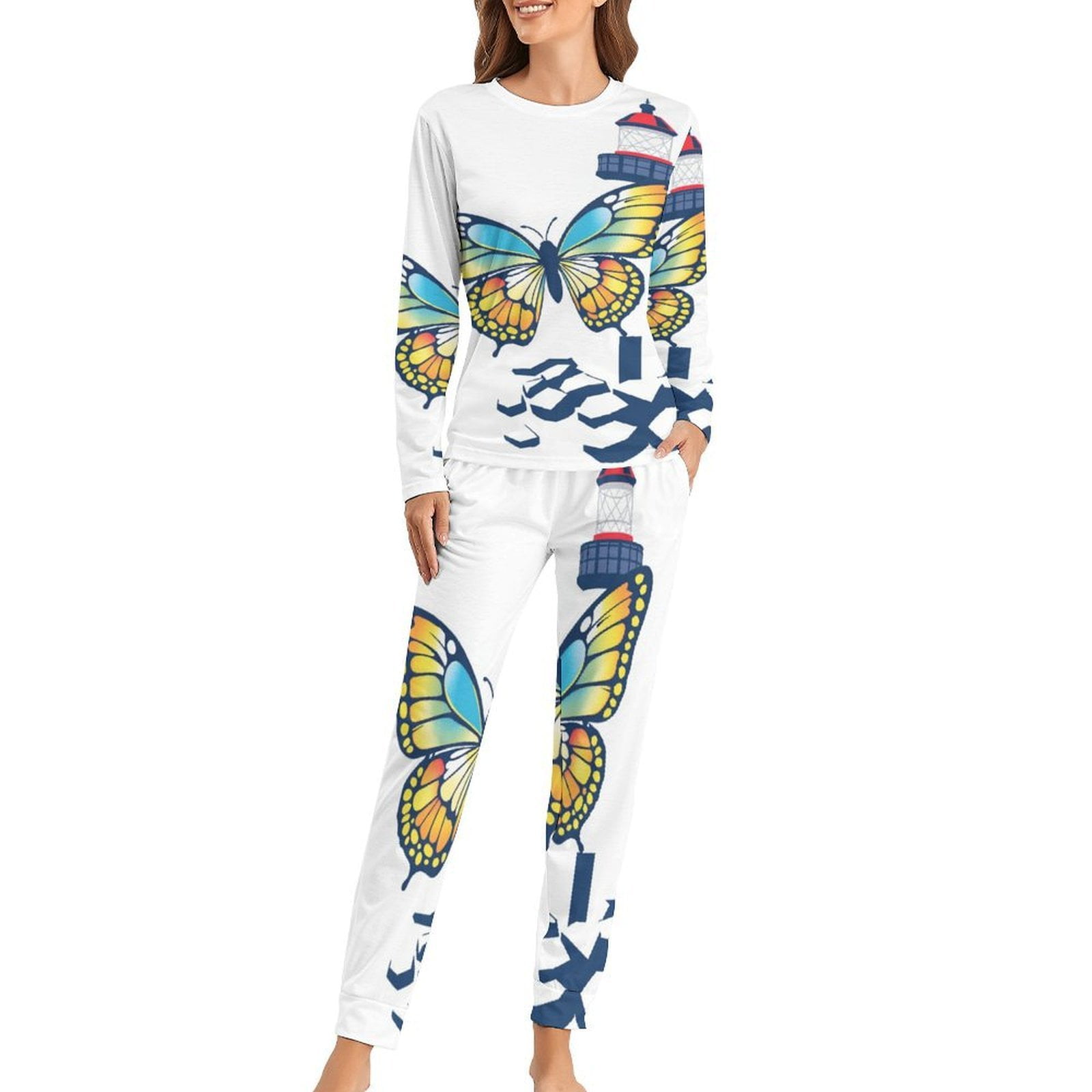 Butterfly Lighthouse Rocks Pajamas 2 Pieces Pajama Sets Woman Long ...