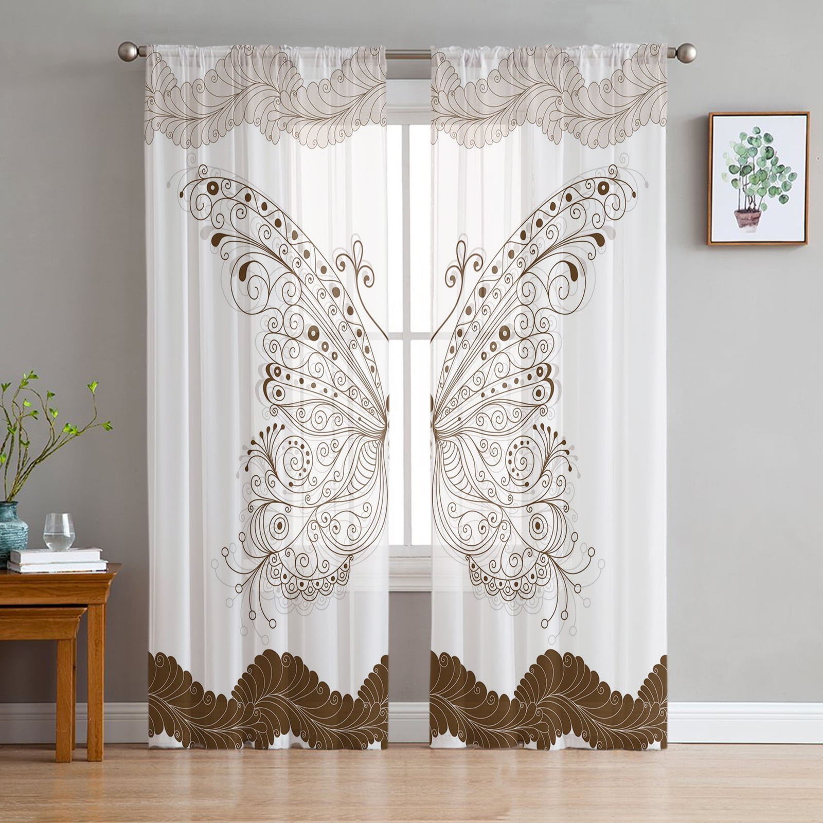 Butterfly Line Flower Wreath Tulle Curtains for Living Room Bedroom ...