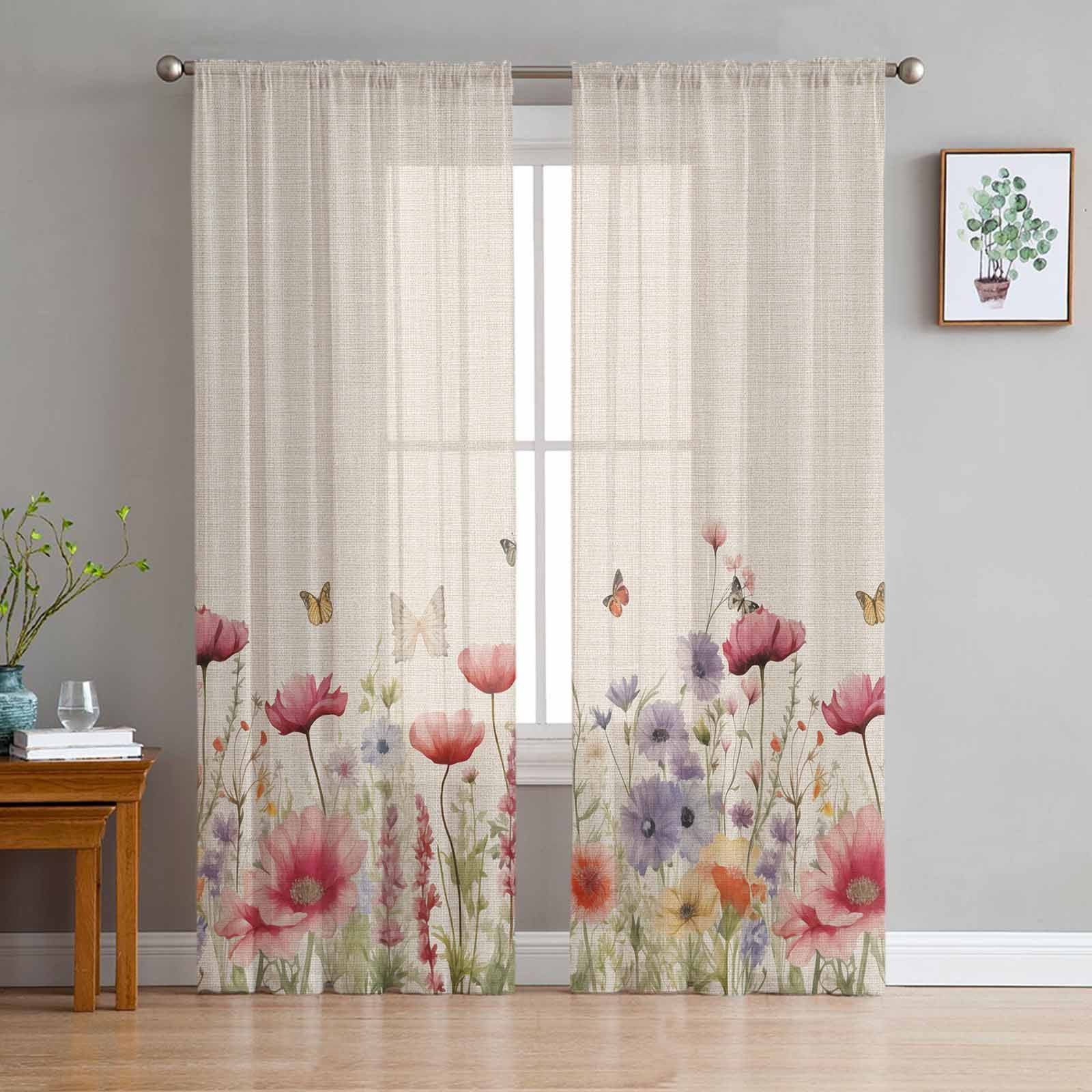 Butterfly Line Flower Wreath Tulle Curtains for Living Room Bedroom ...