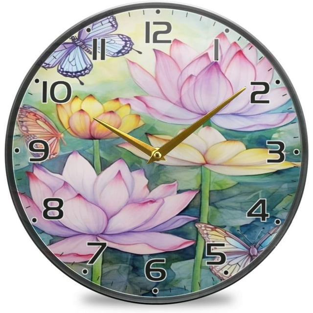 Butterfly Lotus Painting Wall Clock Round Silent Non Ticking Battery ...