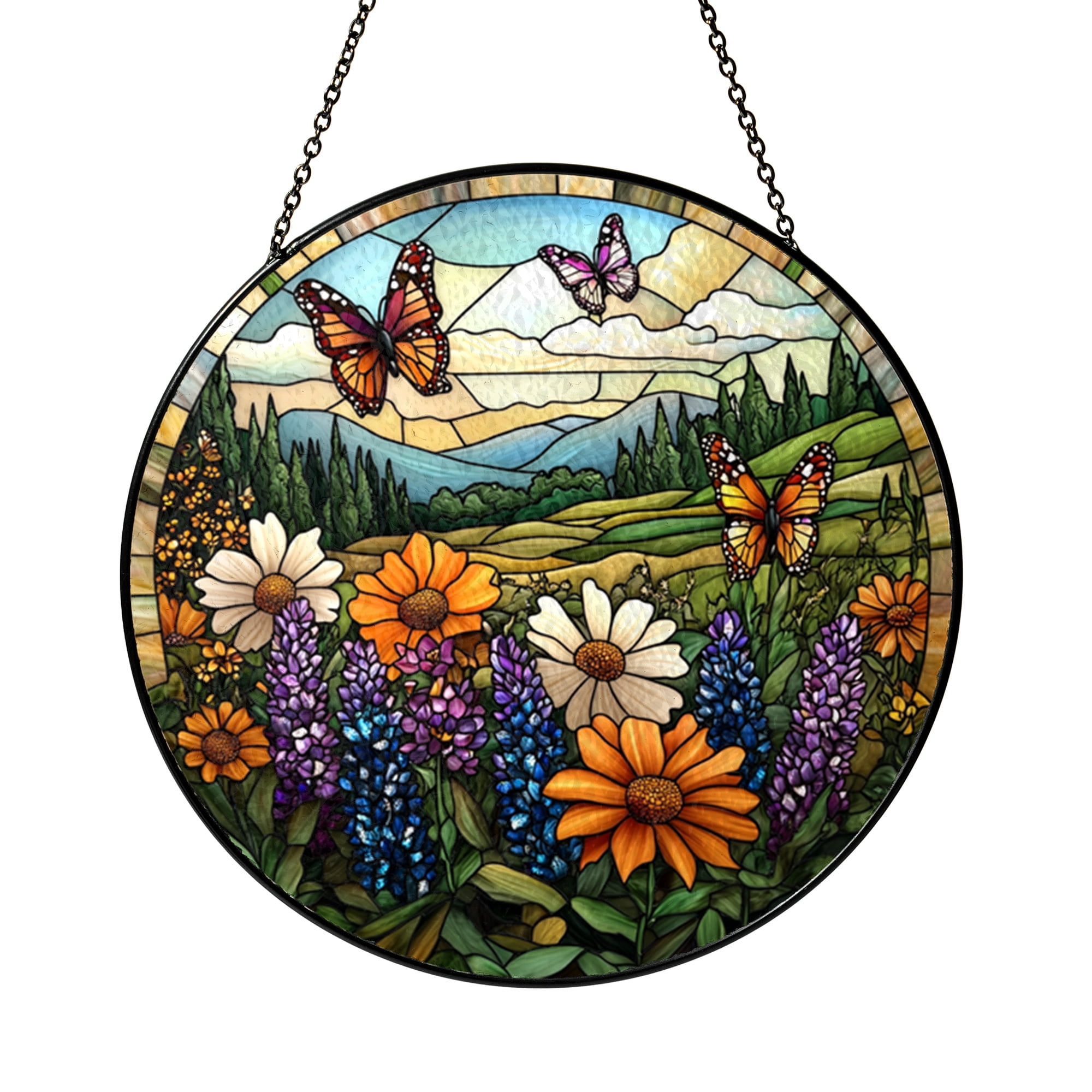Butterfly Meadow Landscape Stained Glass Style Suncatcher Window Decor ...