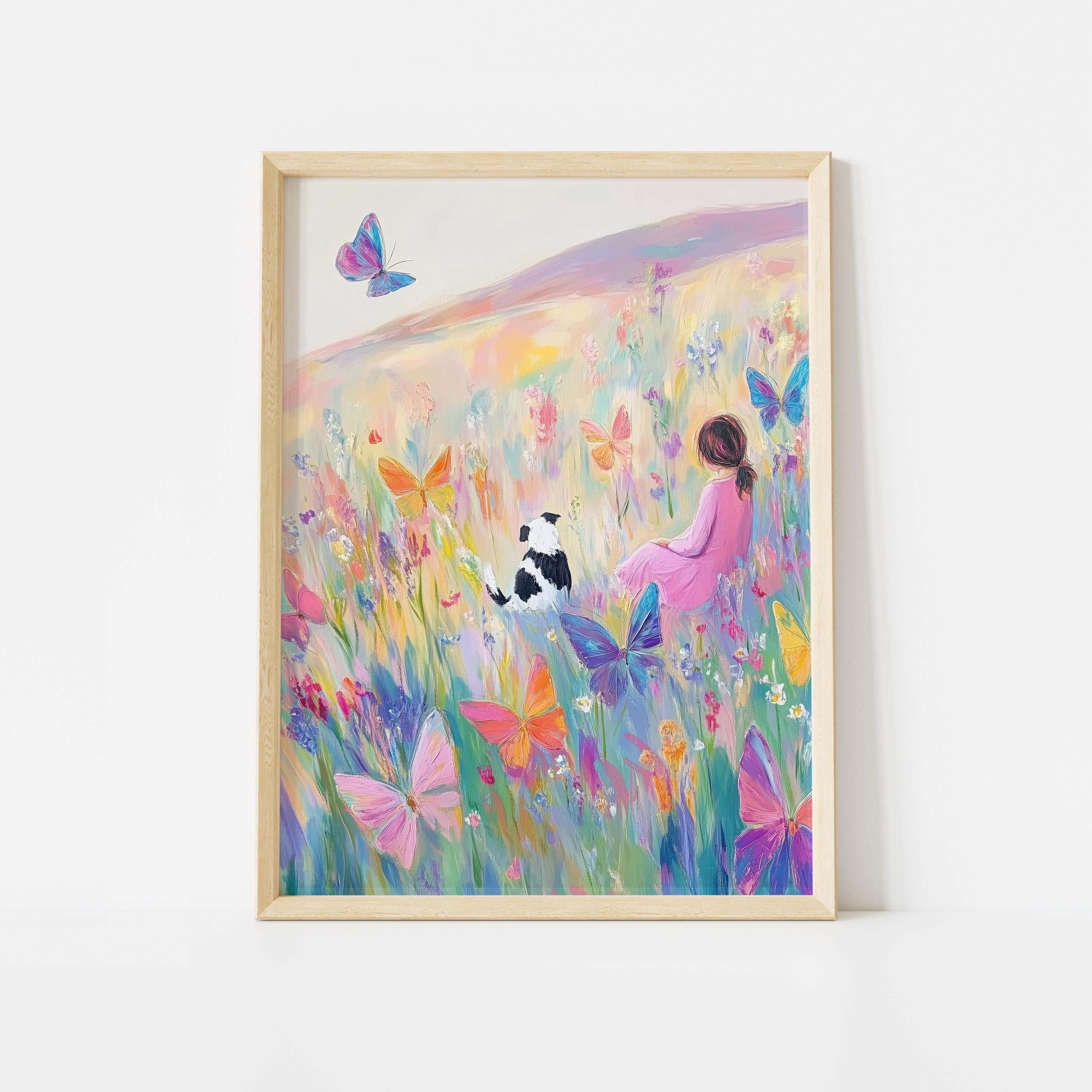 Butterfly Meadow Poster: Pastel Girl And Dog Wall Art For Whimsical ...