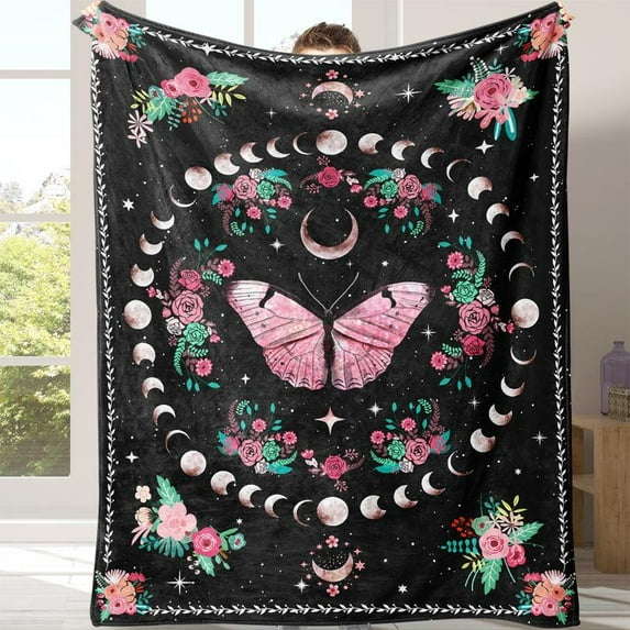 Butterfly Moon Flannel Rose Bouquet Blanket, Soft Warm Throw for Sofa ...