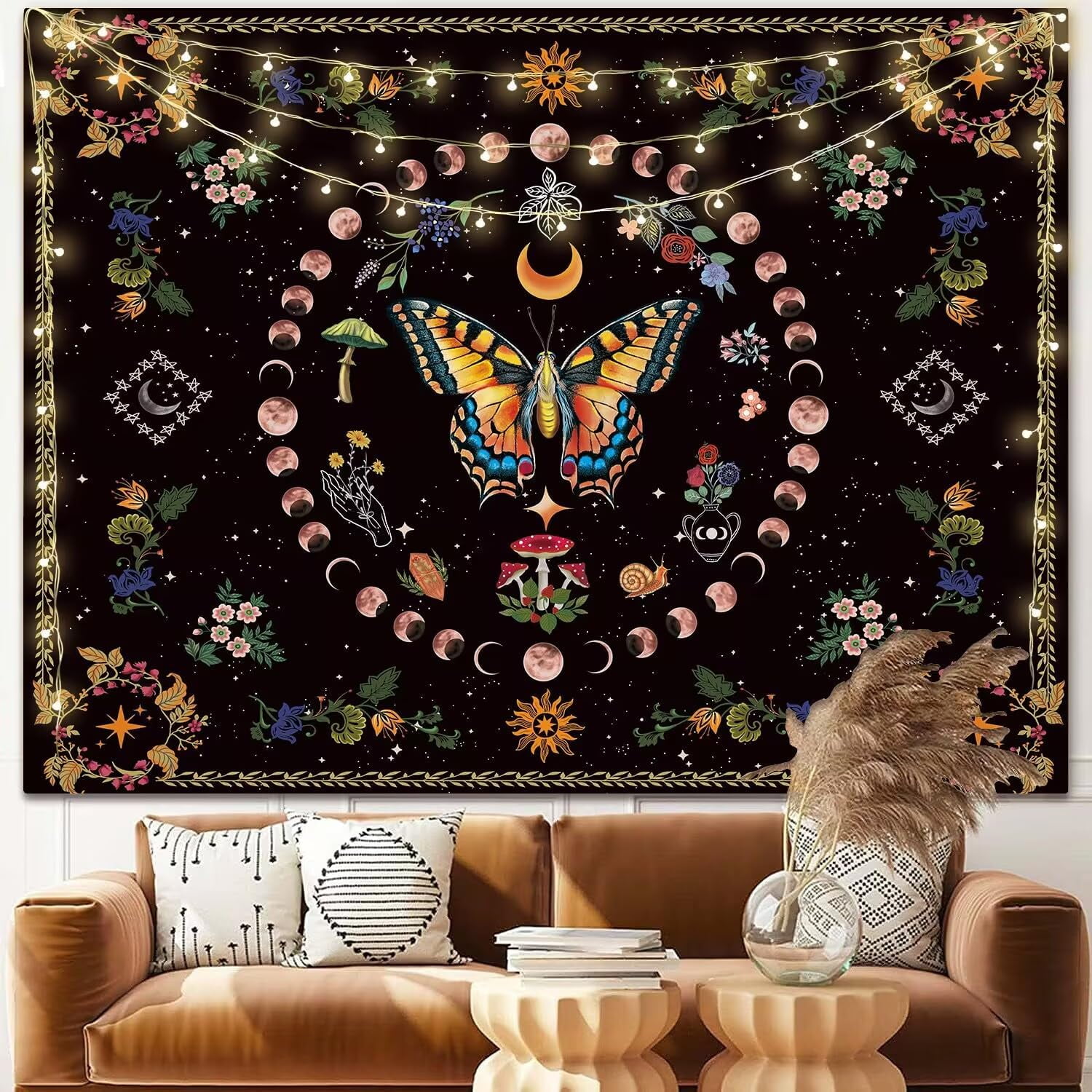 Butterfly Moon Phase Flower Tapestry Botanical Floral Plant Boho ...