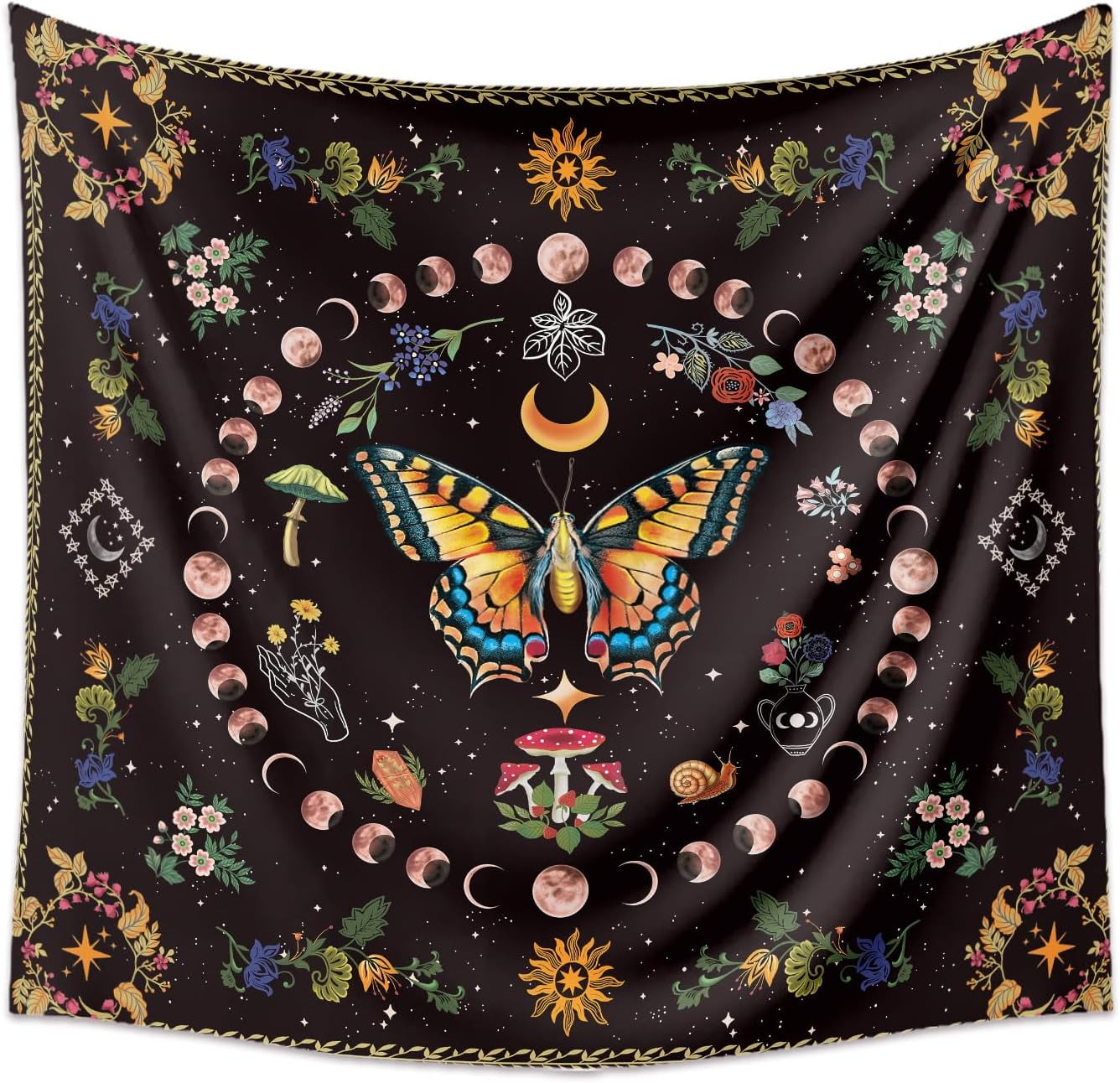 Butterfly Moon Phase Flower Tapestry Botanical Floral Plant Boho ...