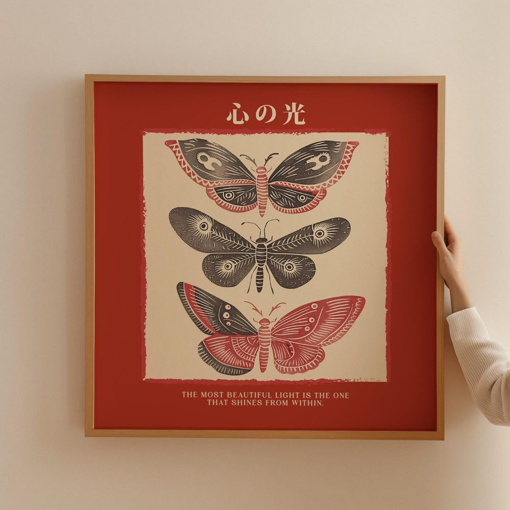 Butterfly Moth Art Print Japanese Quote Poster With Red Rustic Insects ...