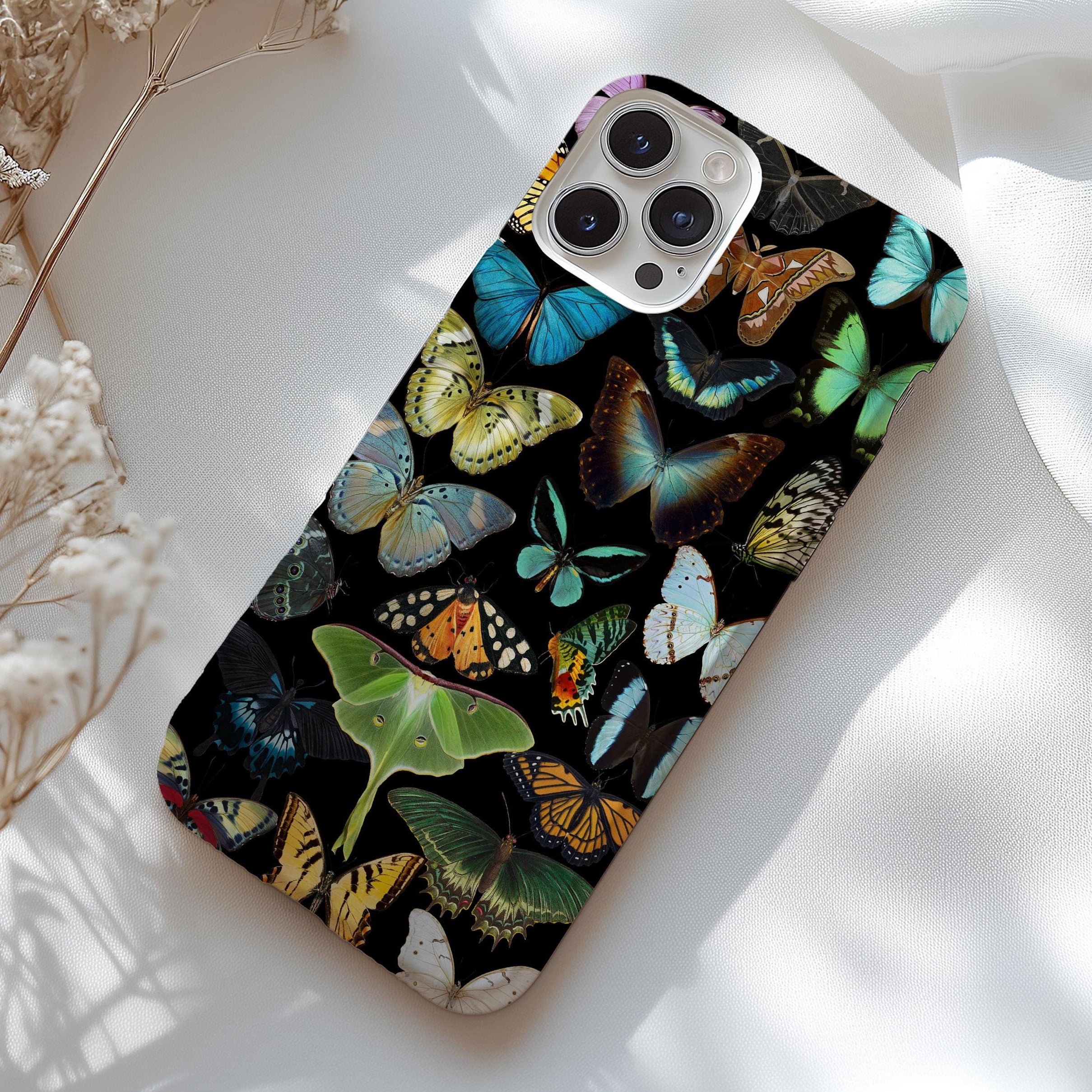 Butterfly Moth Phone Case Black Insect Art with iPhone 17 through 11 ...