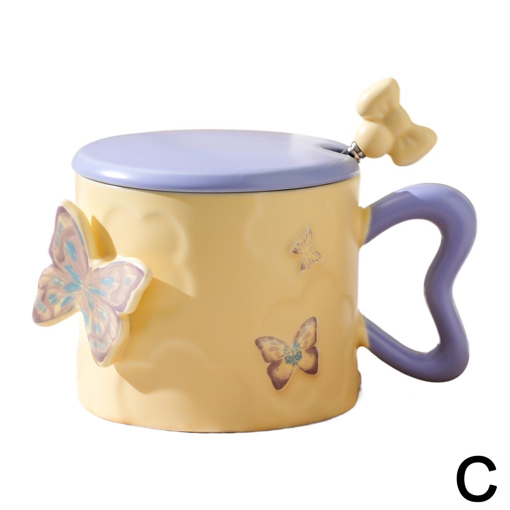 Butterfly Mug with Lid and Spoon Ceramic Cup Water Cup - Pink / Green ...