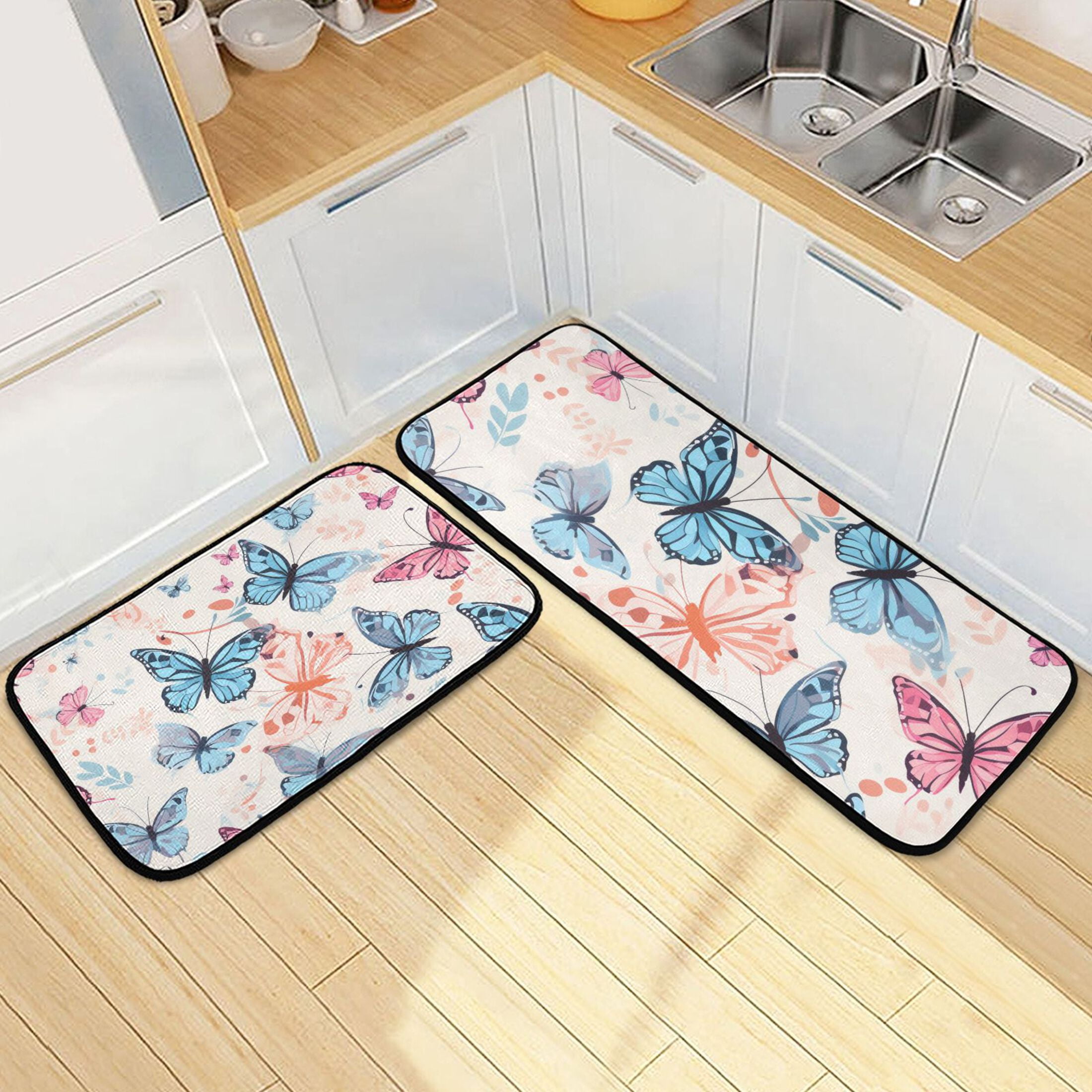 Butterfly Multicolor Kitchen Rugs Set of 2 Non Slip Floor Foam Mat ...