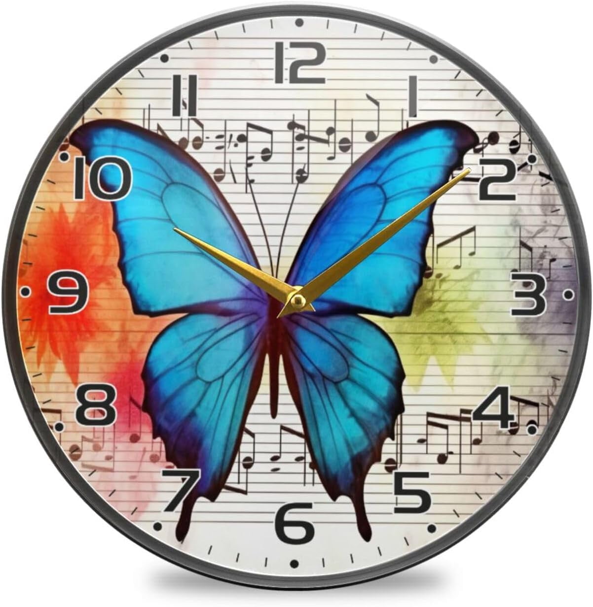 Butterfly Music Notes Wall Clock Round Silent Non Ticking Battery ...