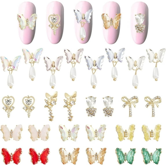 Butterfly Nail Charms 28pcs 14 Style 3D Nail Char Pearl Rhinestone ...
