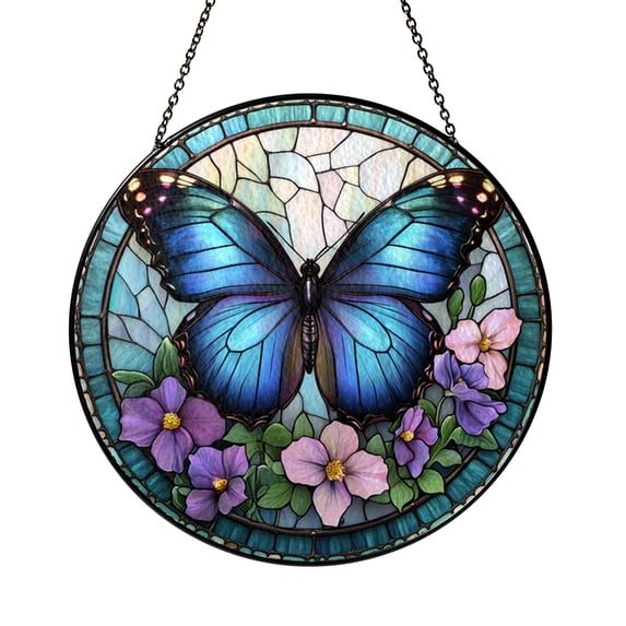 Butterfly Nature Stained Glass Suncatcher Window Hanging, Blue Floral ...