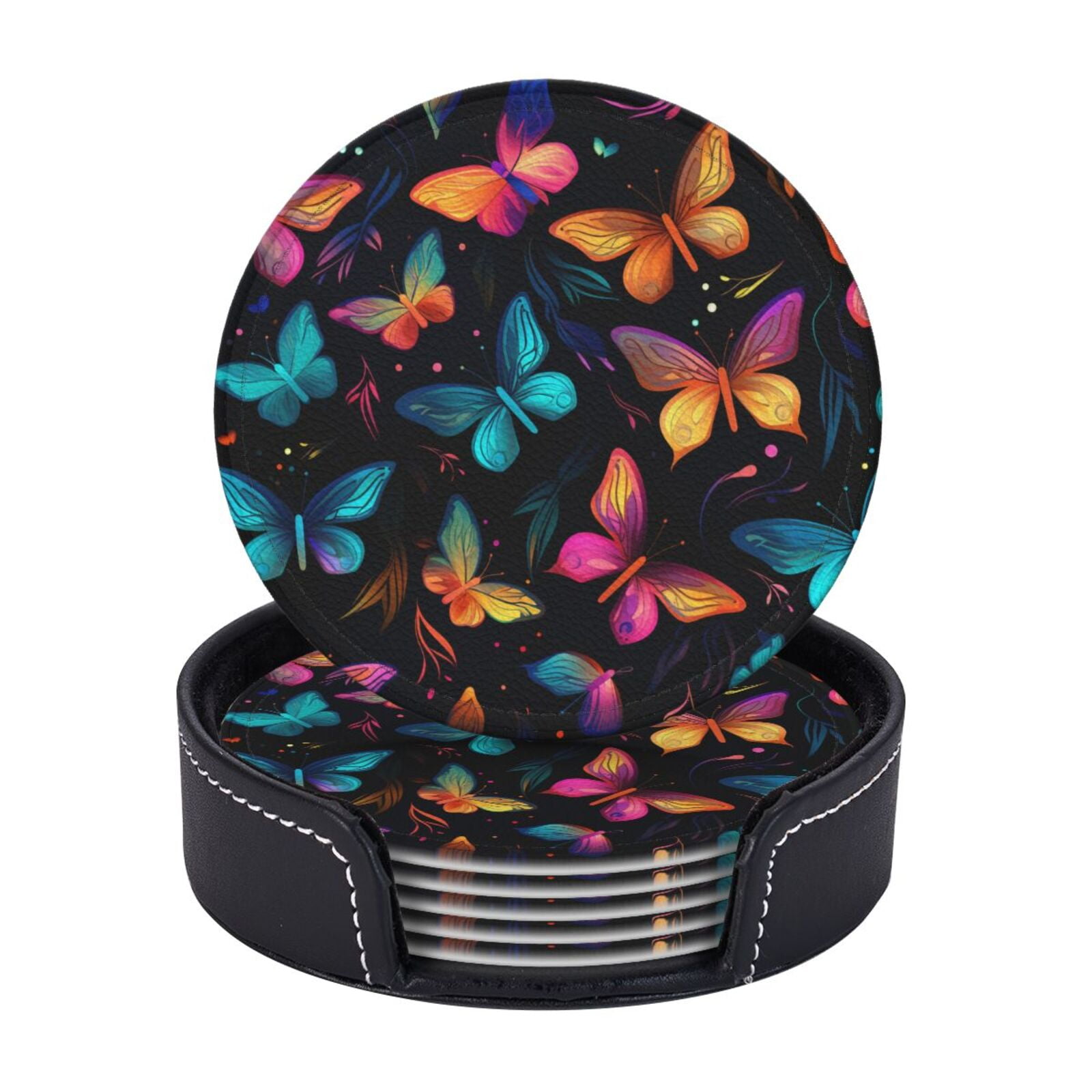 Butterfly Night Light Coasters With Leather Holder Set Of 6 Round ...