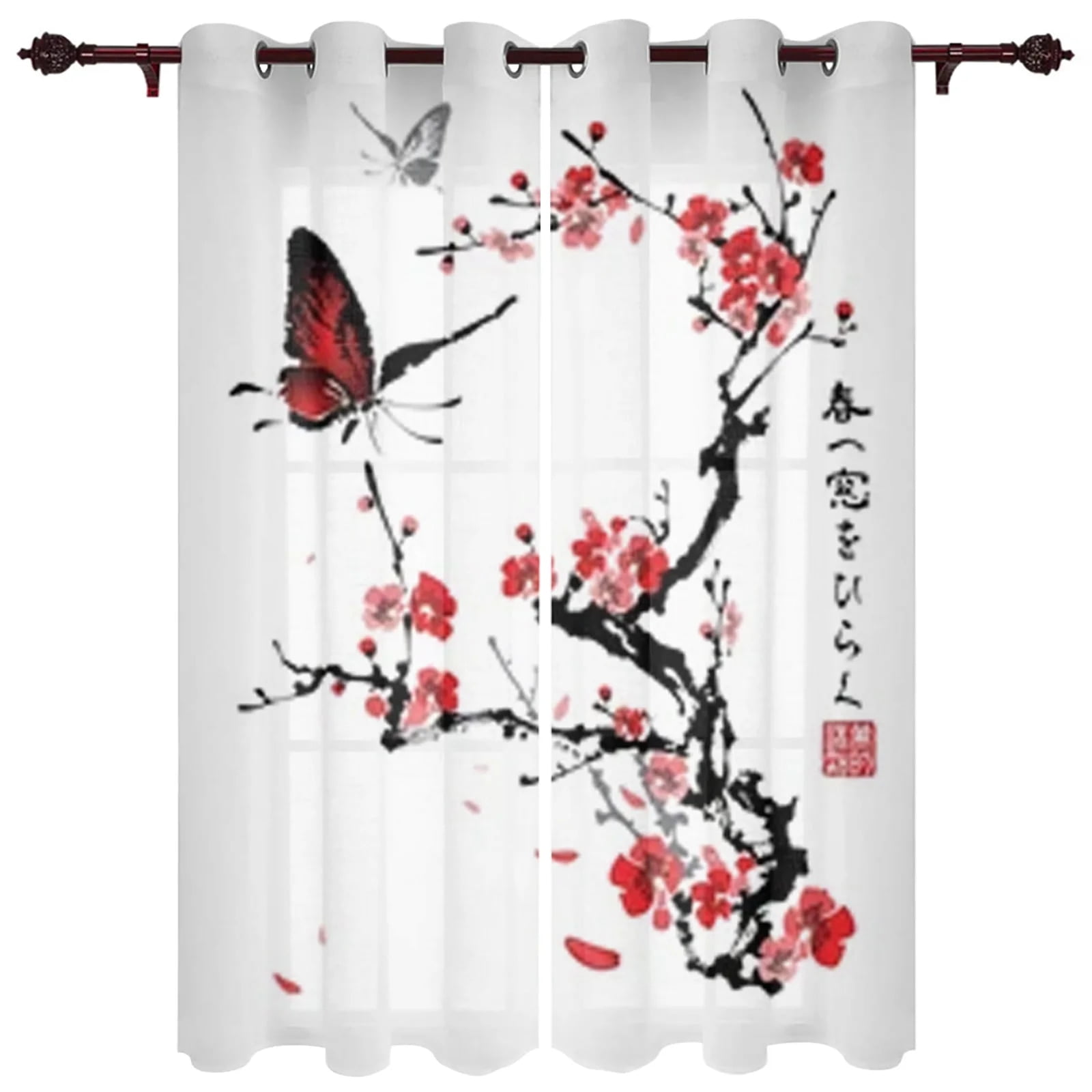 Butterfly On Cherry Blossom Branch Window Curtains For Living Room ...