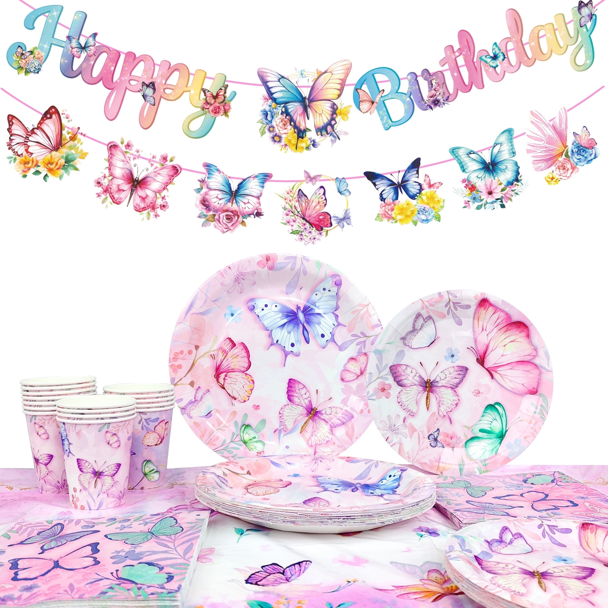 Butterfly Party Supplies, 66pcs Butterfly Birthday Tablewares - Pink ...