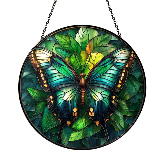 Butterfly Pattern Round Suncatcher Window Hanging, Vibrant Stained ...