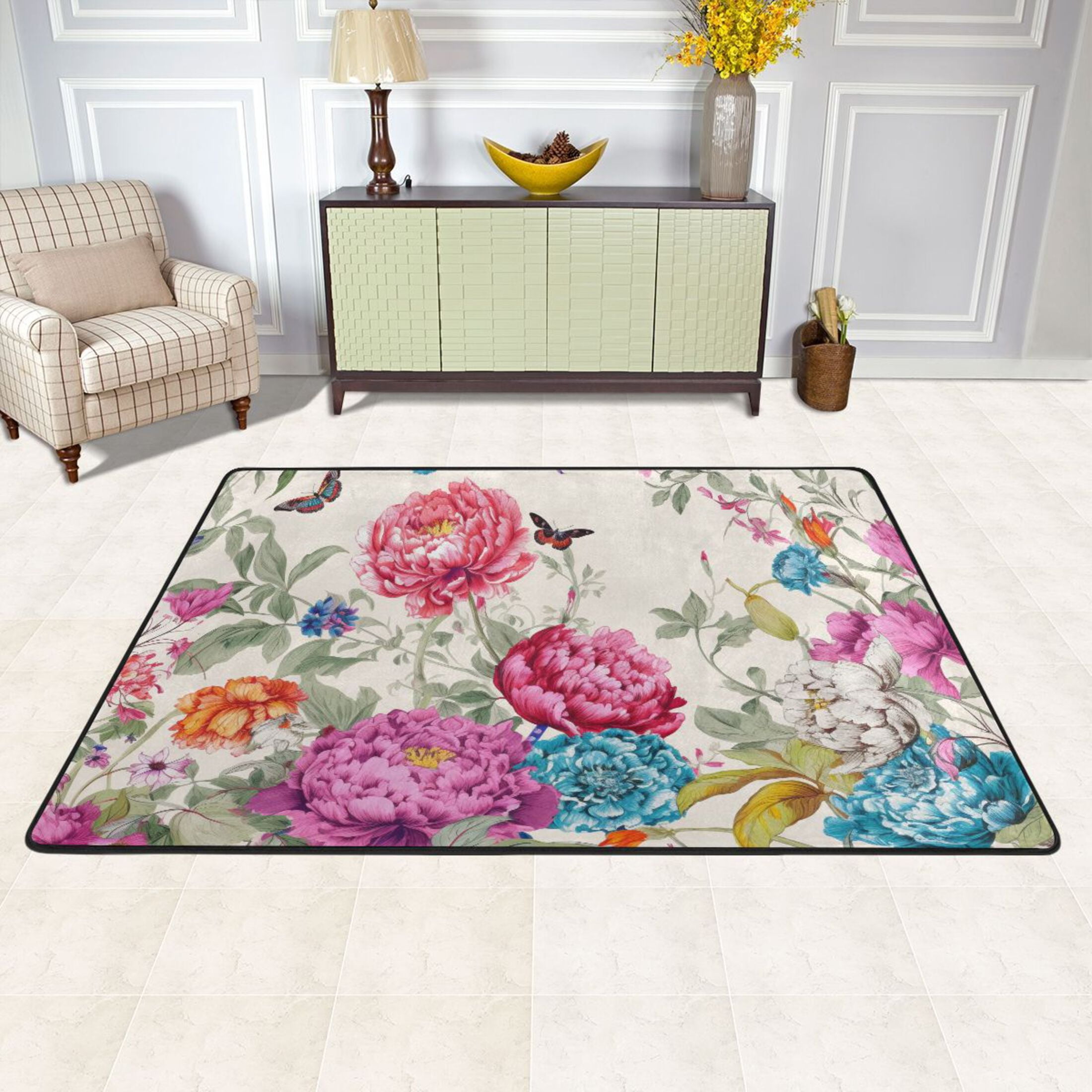 Butterfly on Peony Flower Area Floor Mats 72" x 48" Soft Non-Slip Large ...