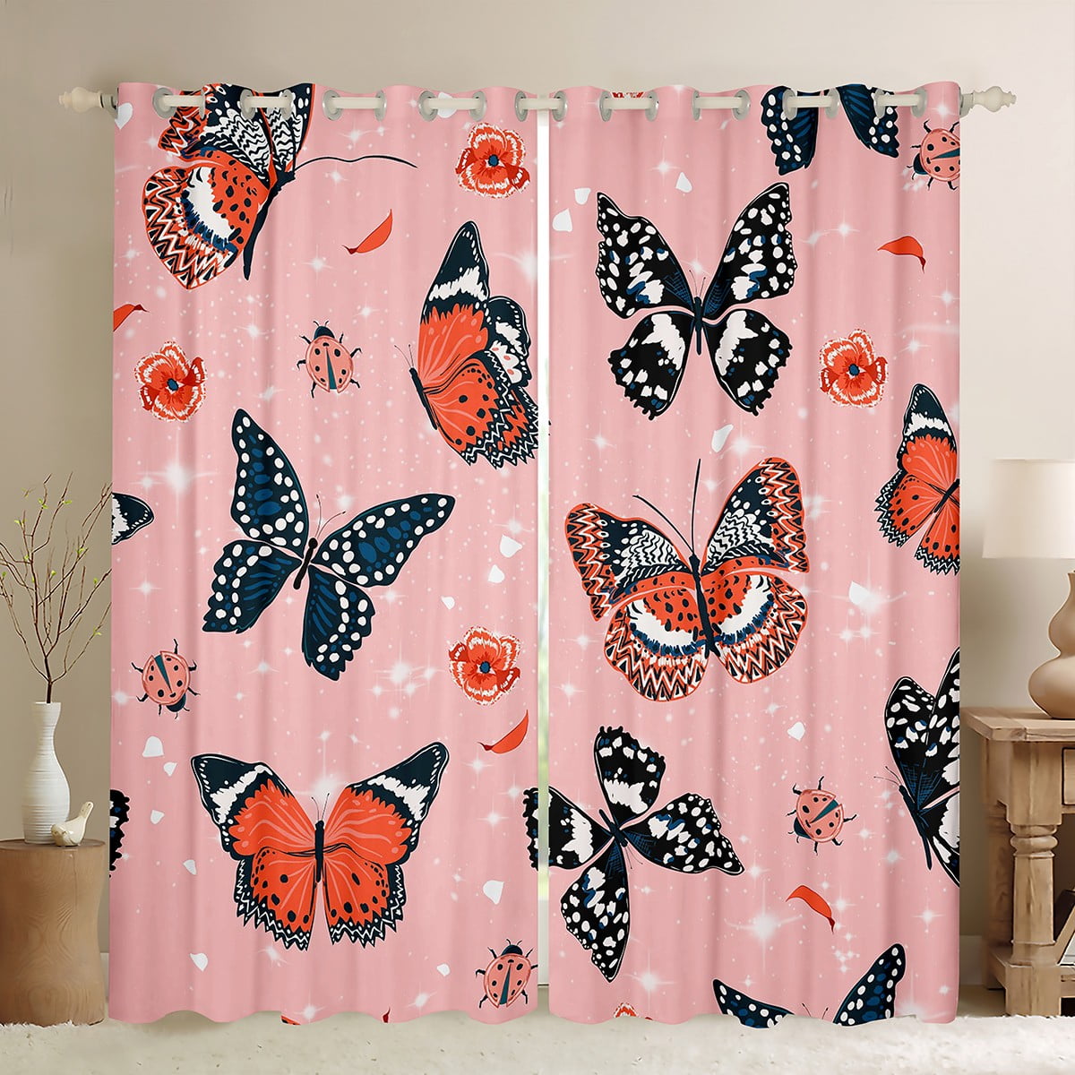 Butterfly Pink Blackout Curtains,Rustic Farmhouse Animals Red Black ...