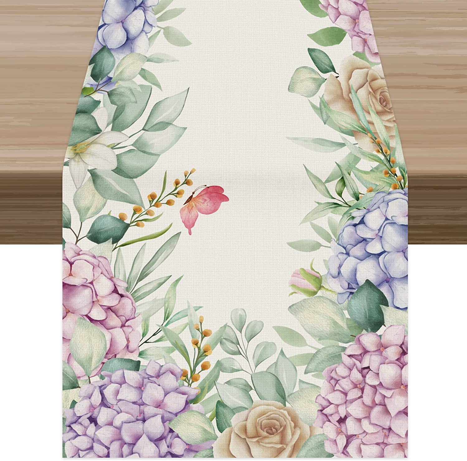 Butterfly Pink Blue Hydrangea Floral Easter Table Runner Wedding ration ...