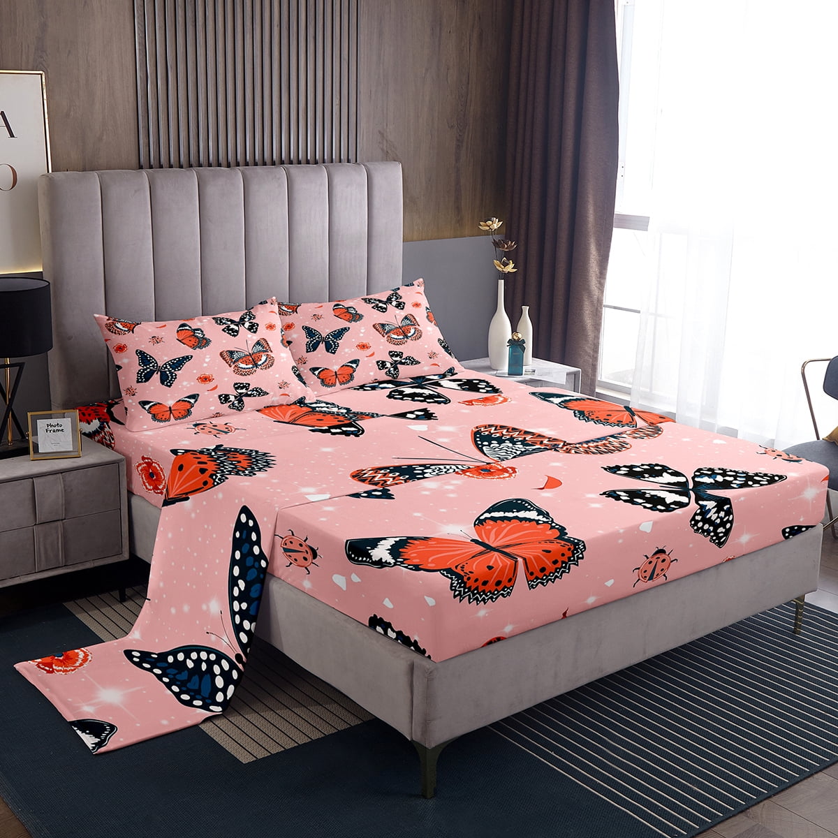 Butterfly Pink Fitted Sheet Kawaii Room Decor,Rustic Farmhouse Animals ...