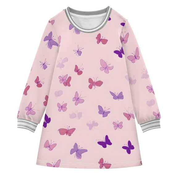 Butterfly Pink Swirl Girls'long-sleeved dress Thickened A-dress Warm ...