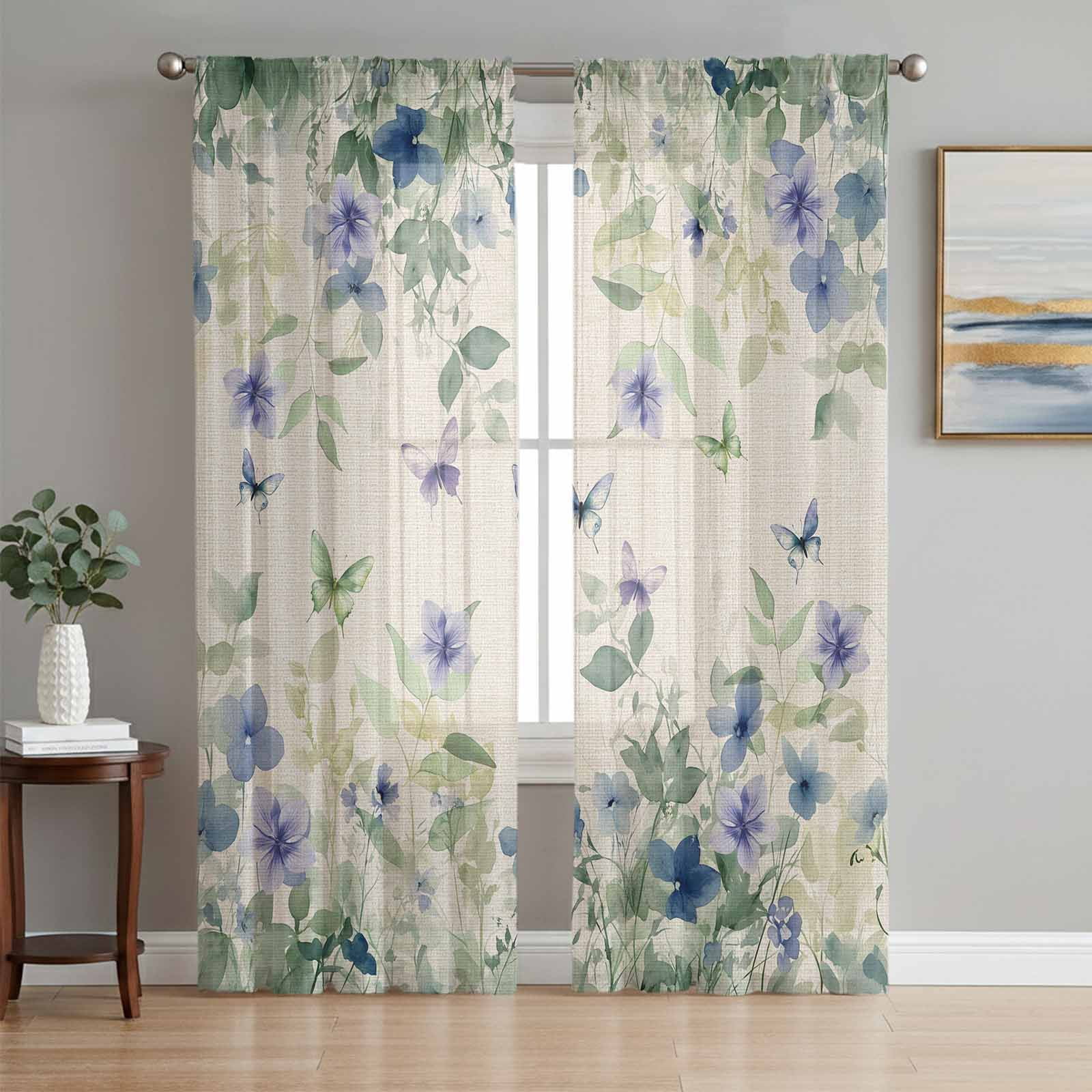 Butterfly Plant Sheer Curtains 63 Inch Length 2 Panels Set, Green ...