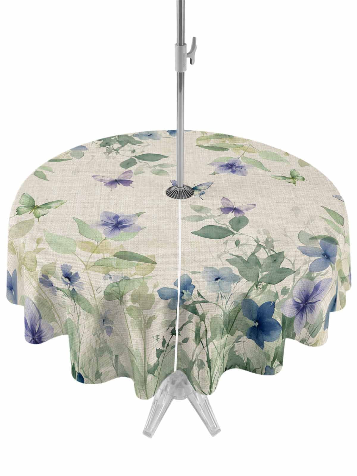 Butterfly Plant Table Cloth Round Tablecloth, Green Purple Watercolor ...